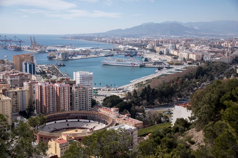 Aerial view of Malaga Spain showing the port and coastline