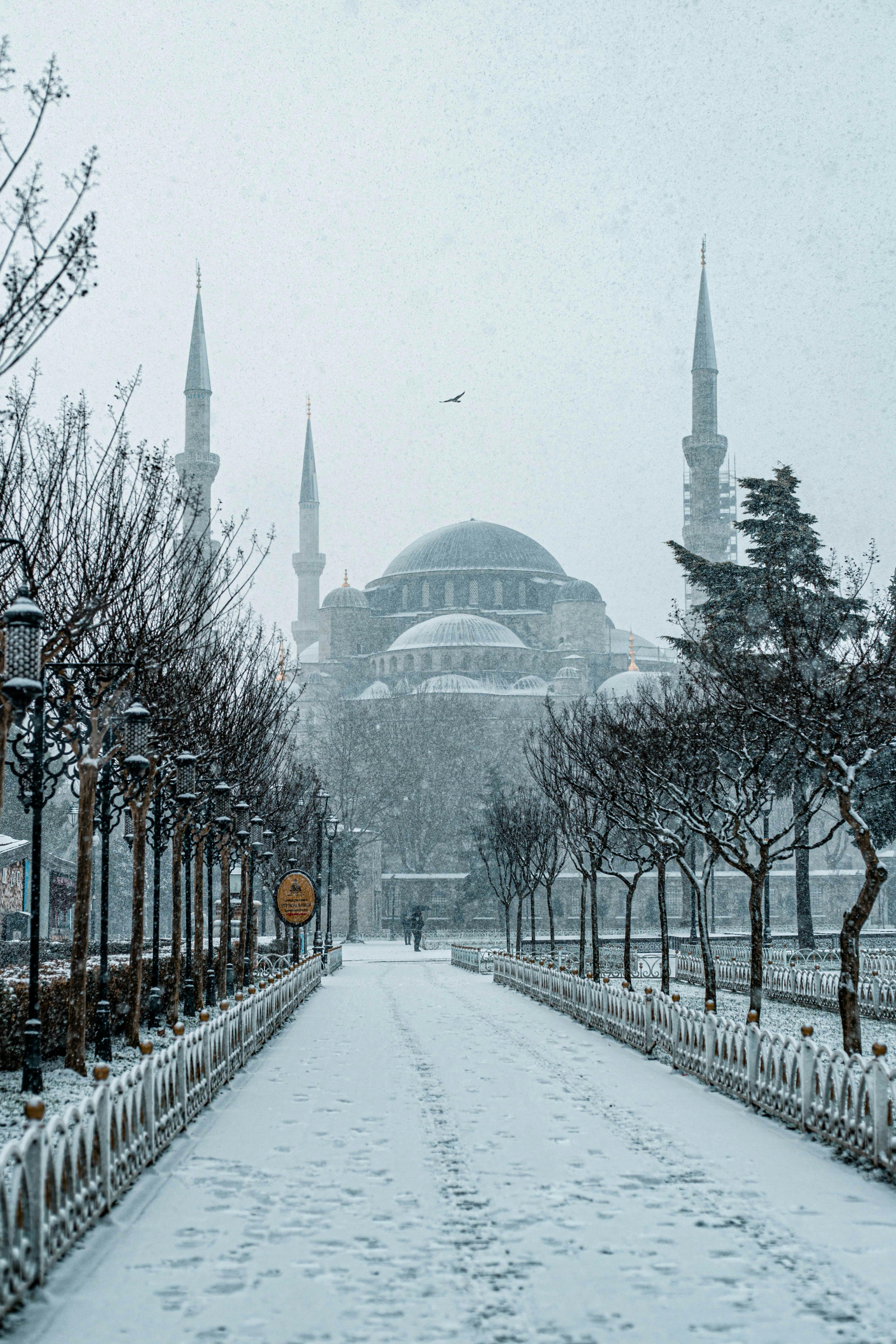 Snow Covered Walkway Towards a Mosque · Free Stock Photo
