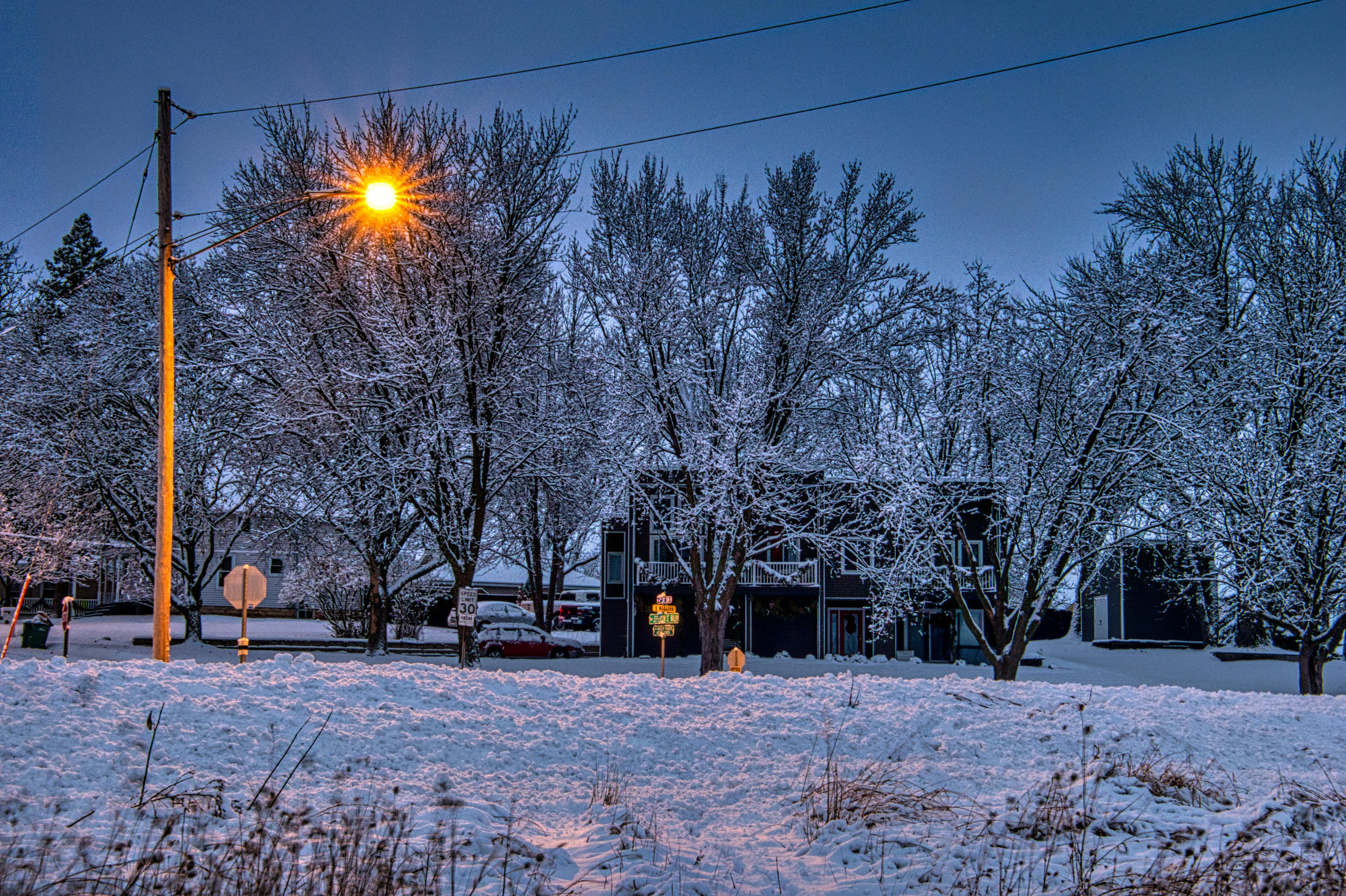 Snow in Town at Dusk · Free Stock Photo