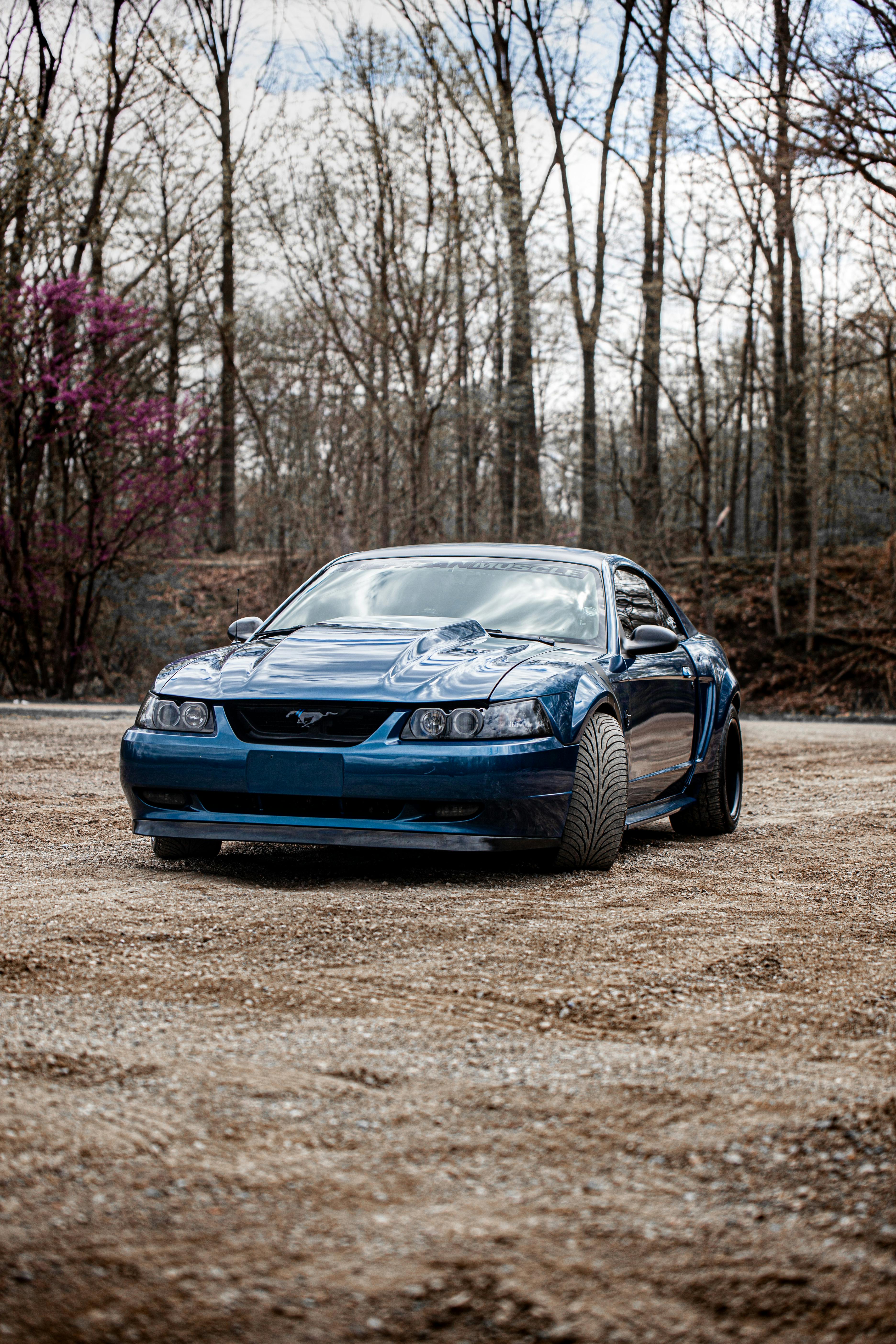 A Blue Shiny Car Parked Near Leafless Trees · Free Stock Photo