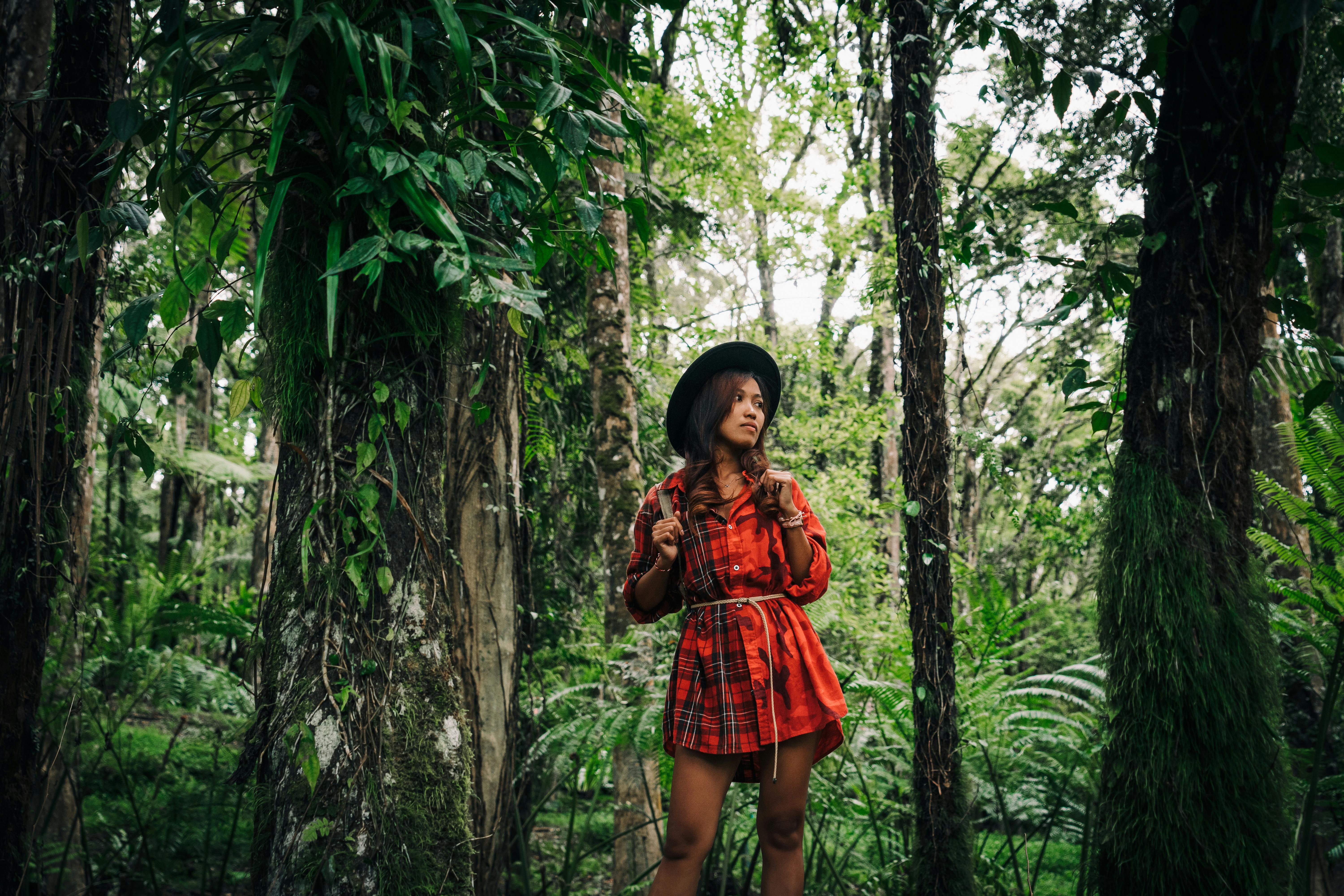 A Woman in Red Dress Standing in the Middle of the Rainforest · Free ...
