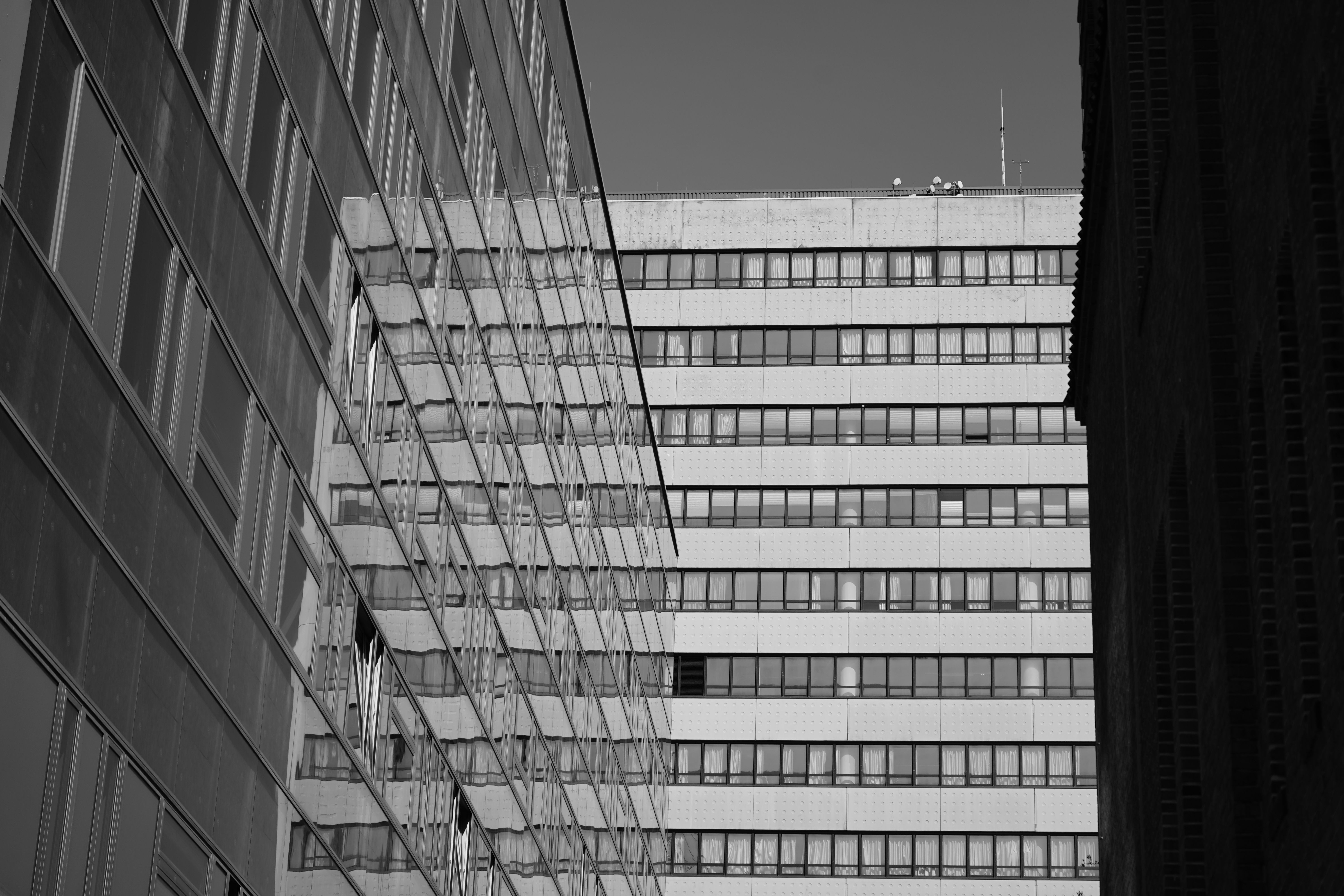 Monochrome Photo of a Building with Glass Windows · Free Stock Photo