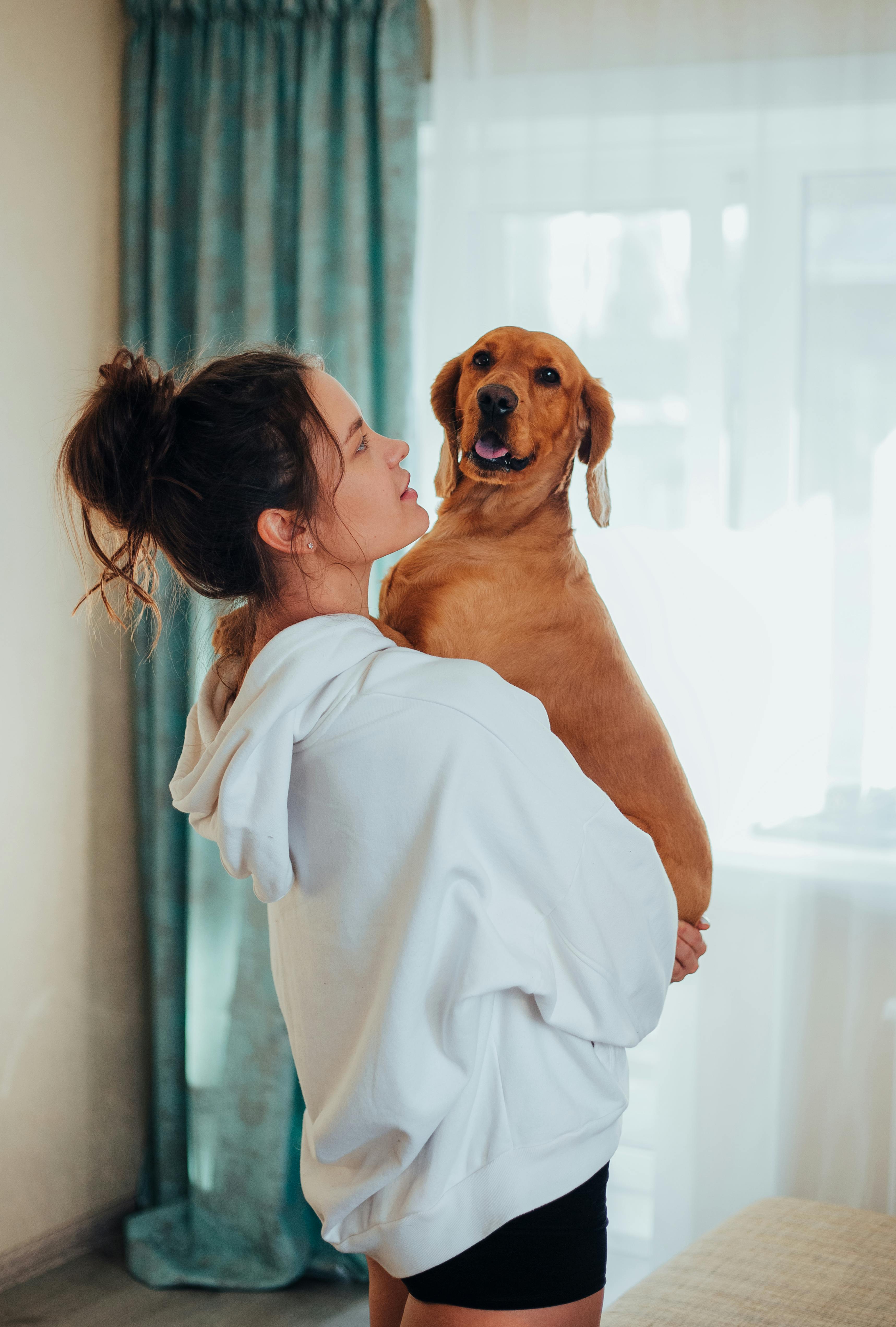 Female owner holding cute dog standing at home · Free Stock Photo
