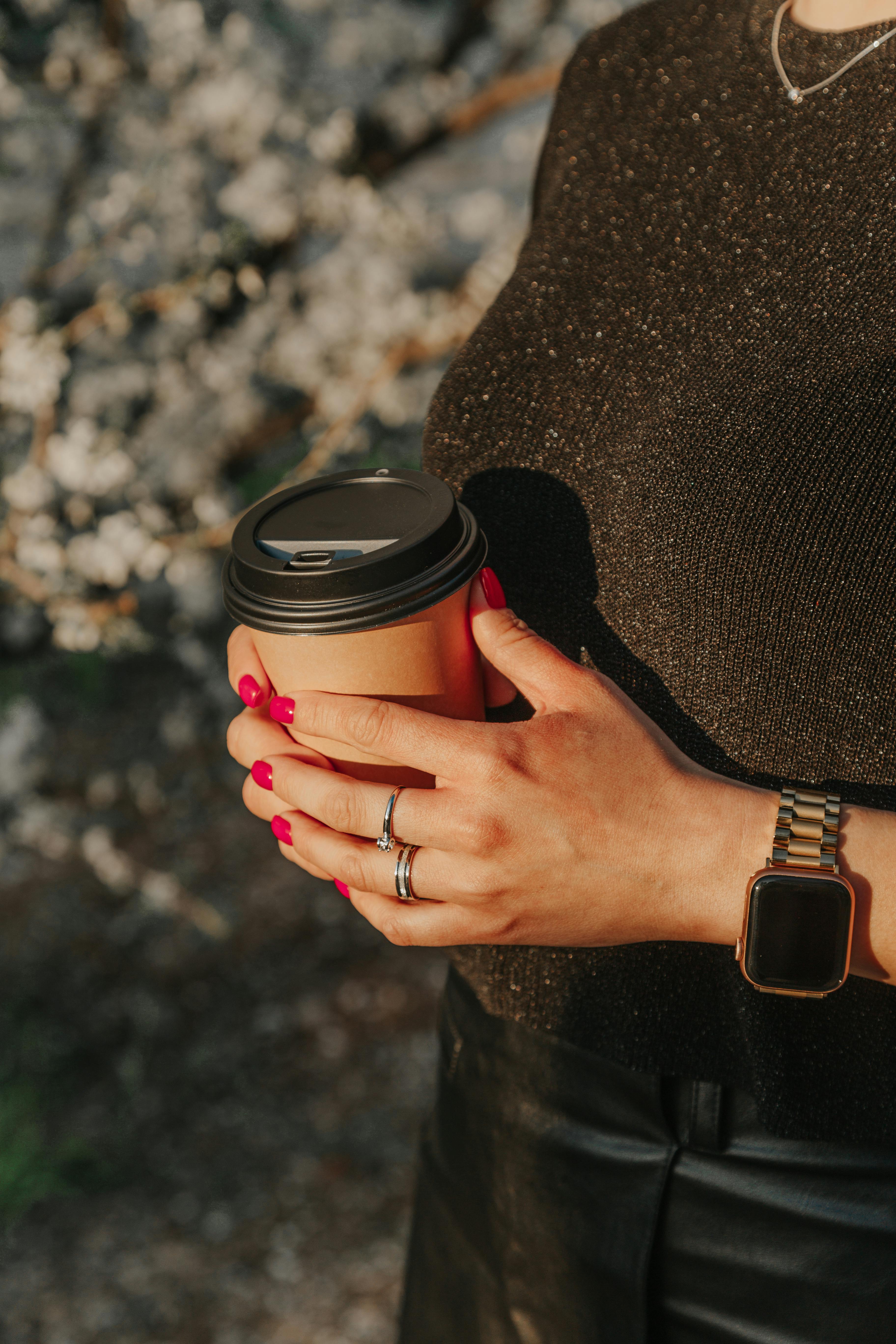 Faceless man wearing smart watch and drink coffee · Free Stock Photo