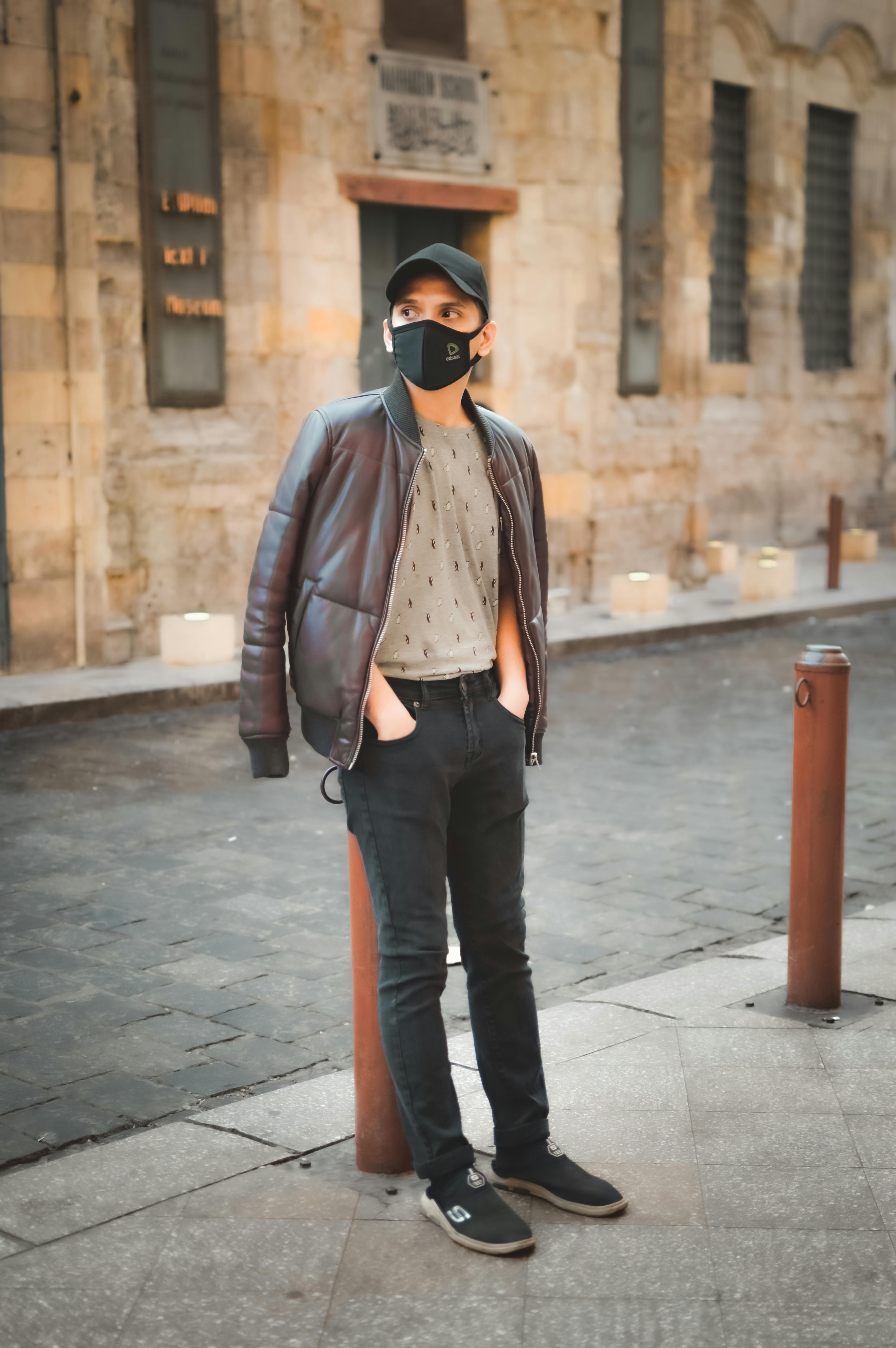 Woman in Denim Jacket and Red Mask · Free Stock Photo