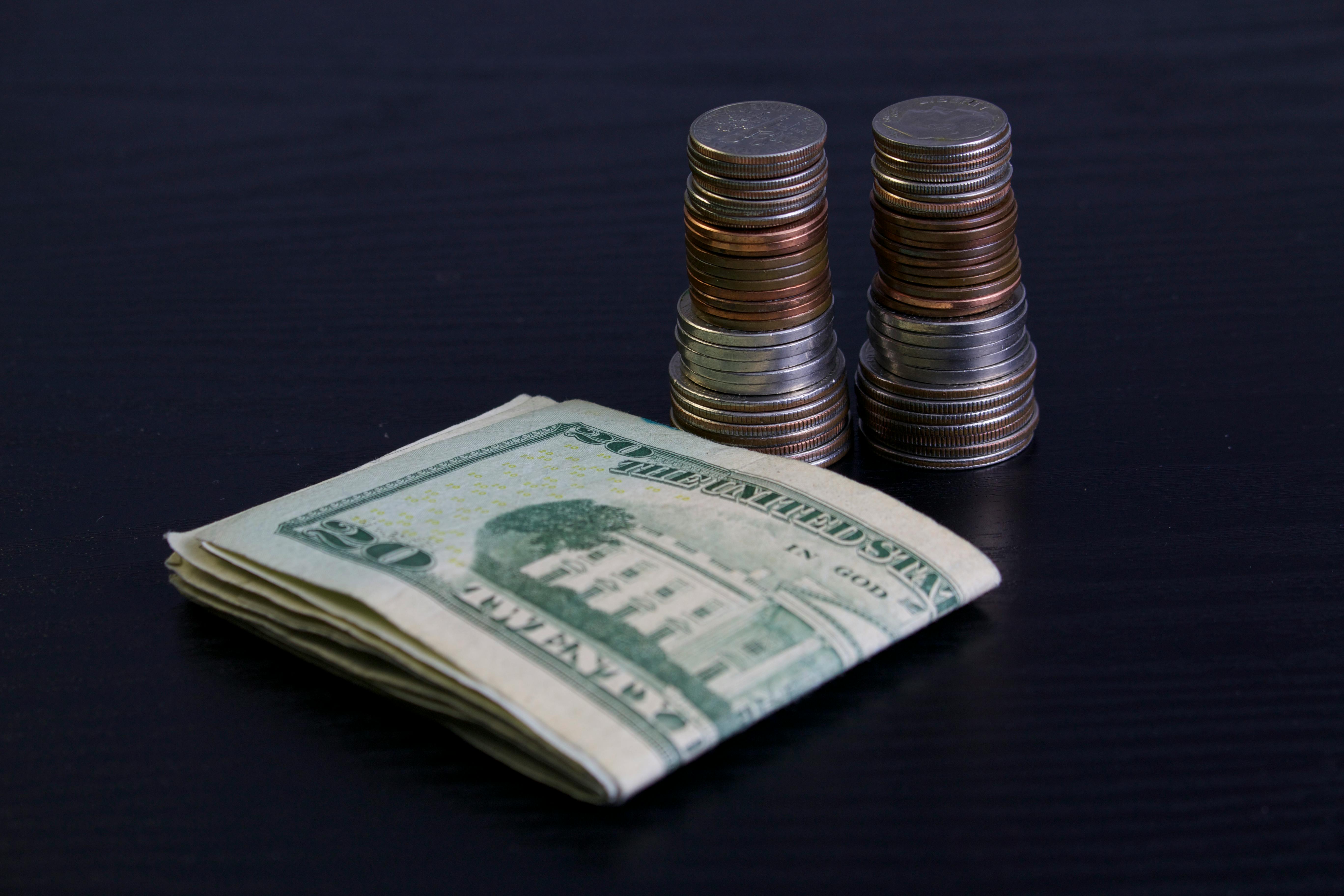 Free stock photo of dollars, loose change, paper money