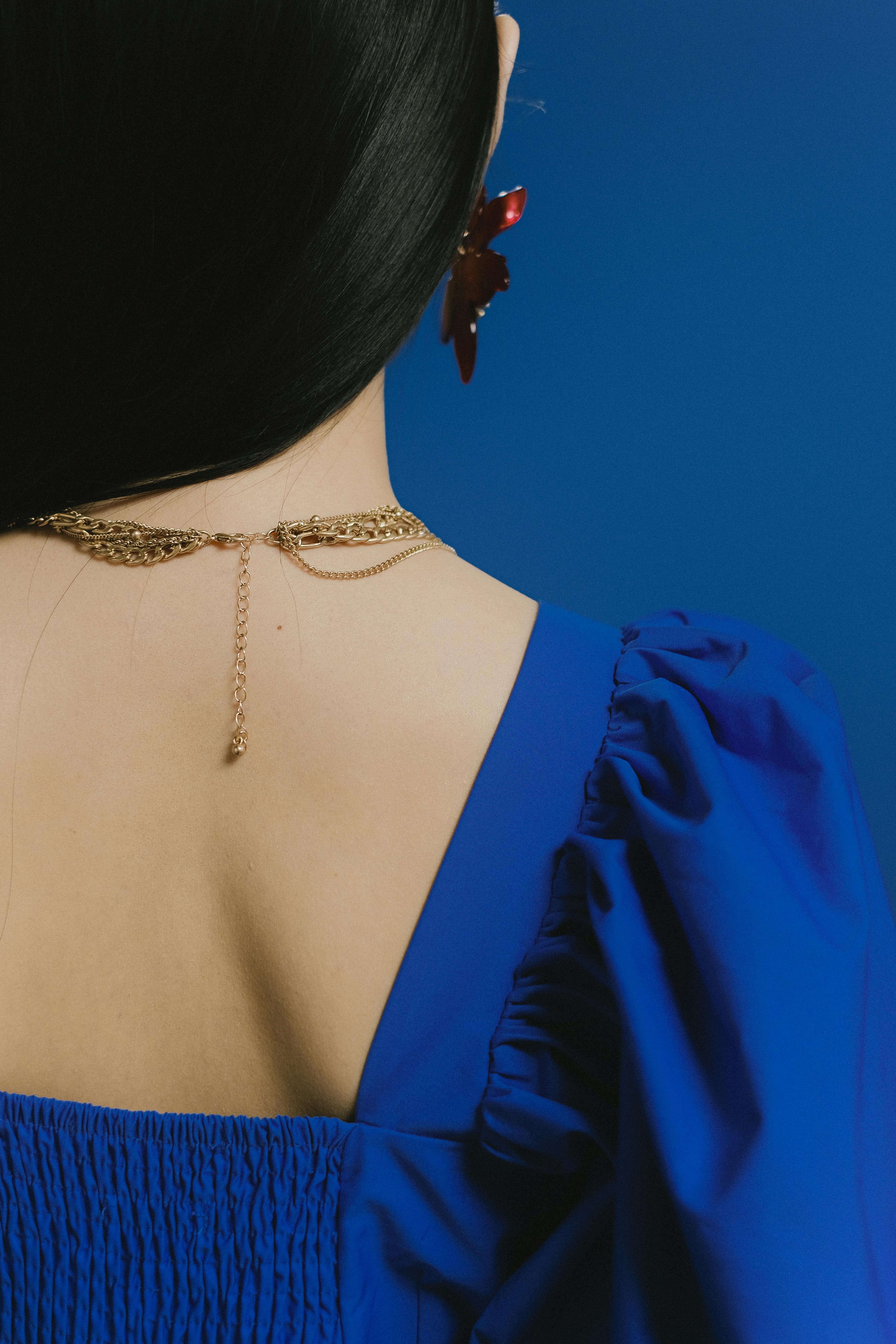 Brunette Woman in Blue Dress in Back View · Free Stock Photo