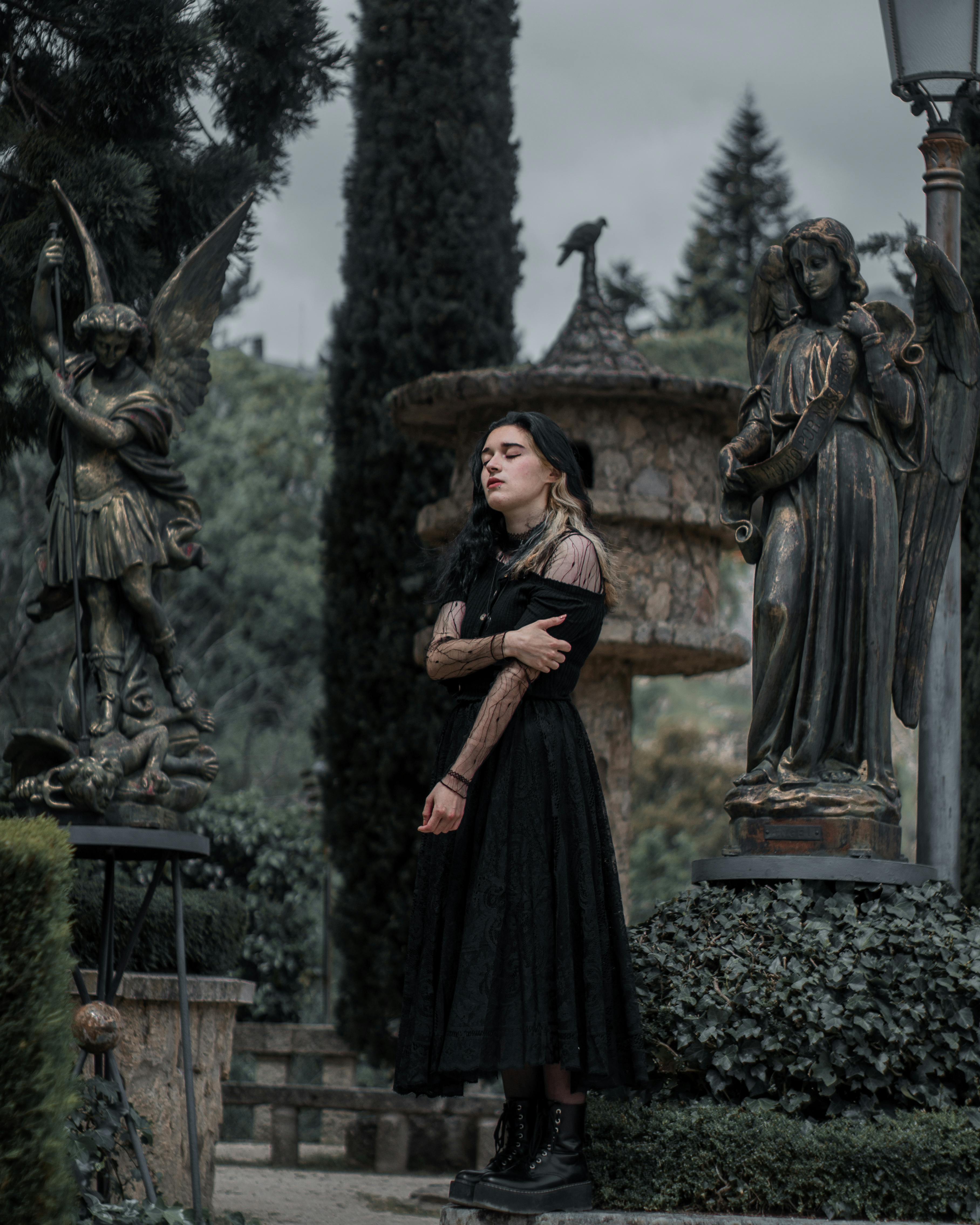 Model in Black Outfit at Cemetery · Free Stock Photo