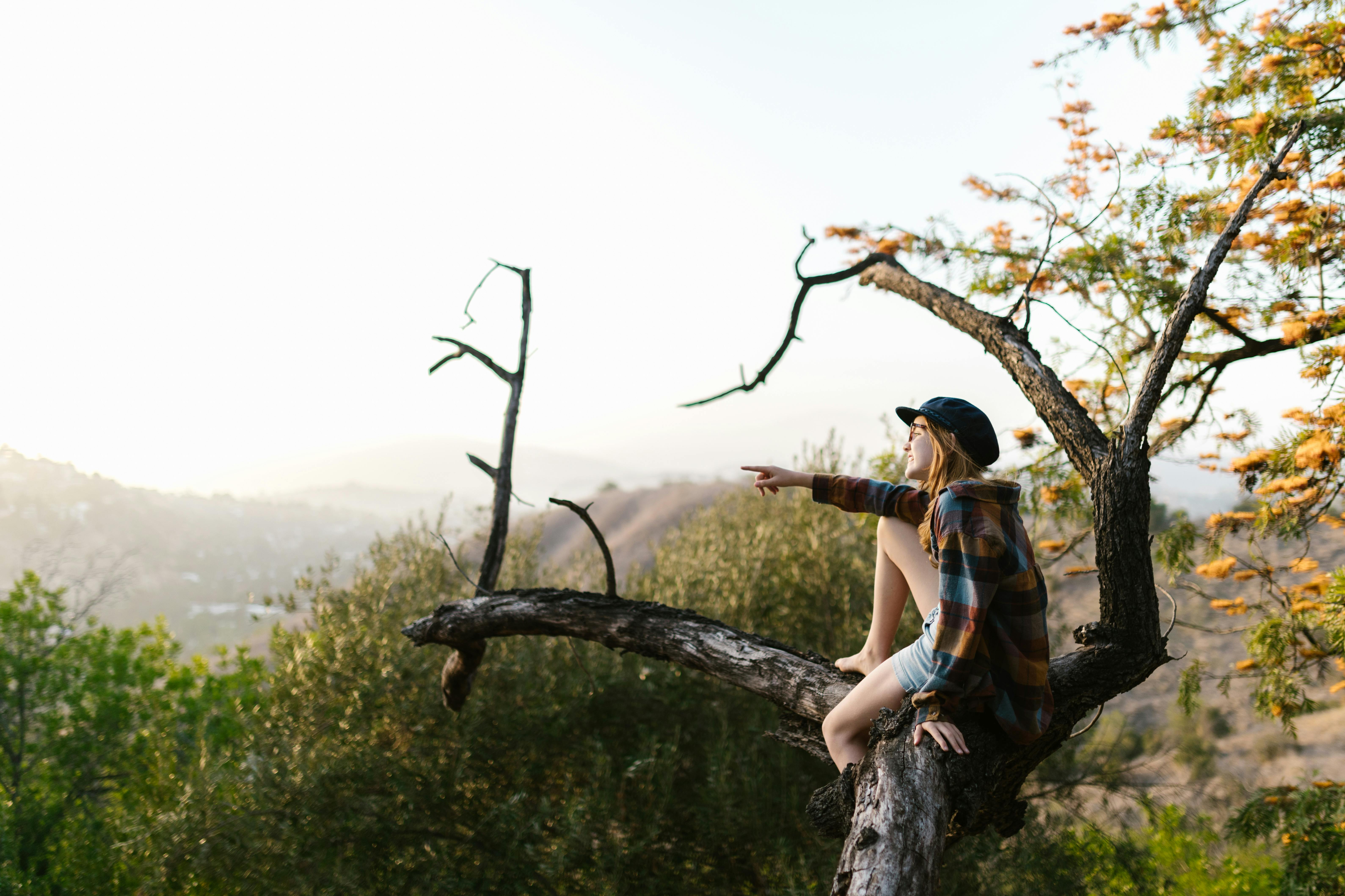 A Girl Sitting on a Tree Branch while Looking Afar · Free Stock Photo