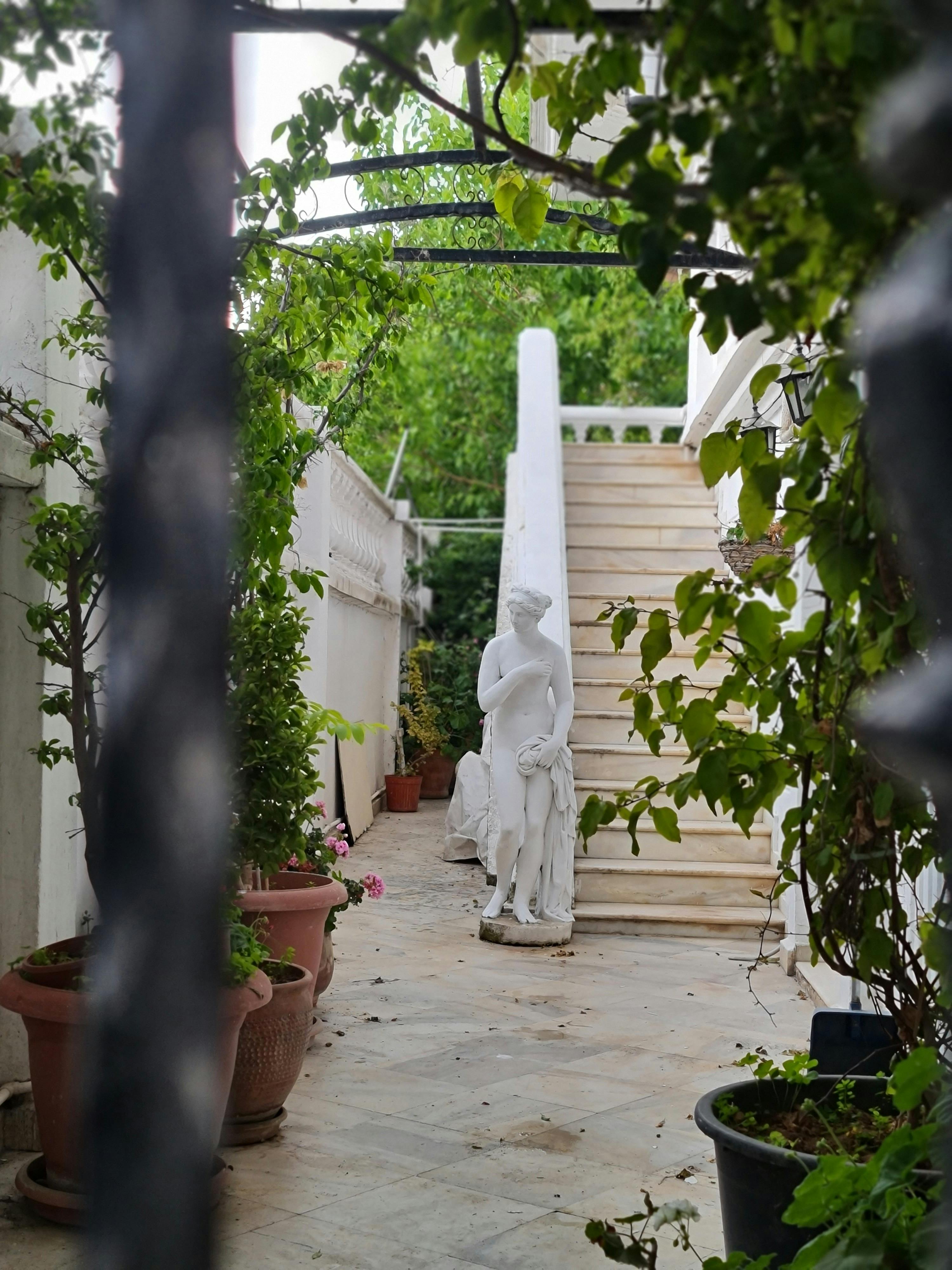Statue by the Staircase Railing and Potted Plants · Free Stock Photo