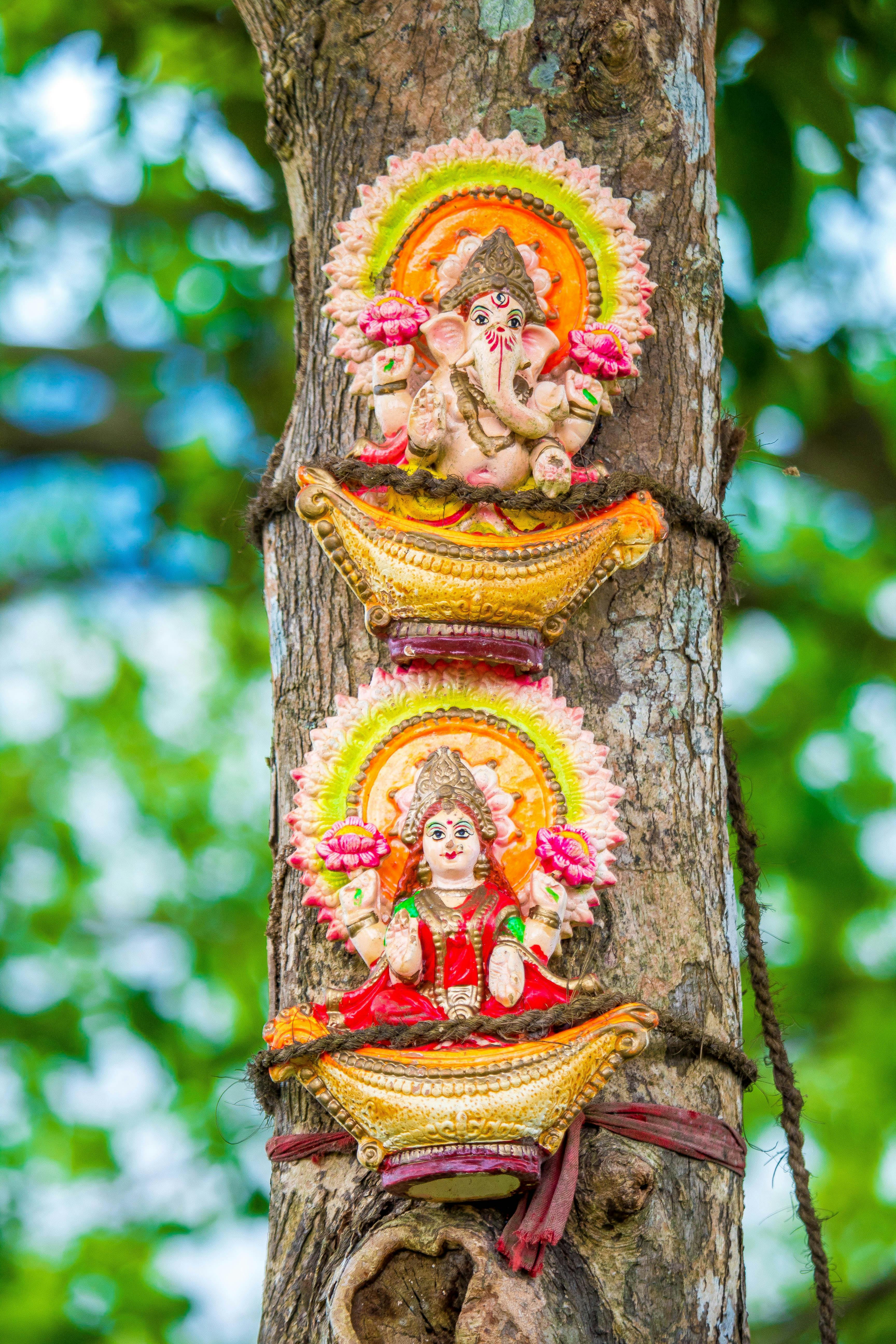 Hindu Gods Figurines on Tree Bark · Free Stock Photo
