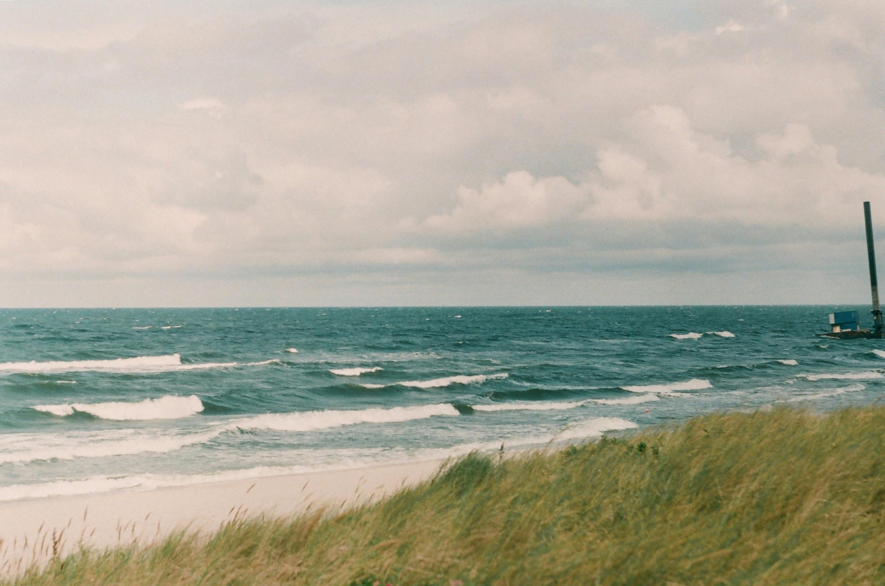 Green Grass Field Near Sea Under Cloudy Sky · Free Stock Photo