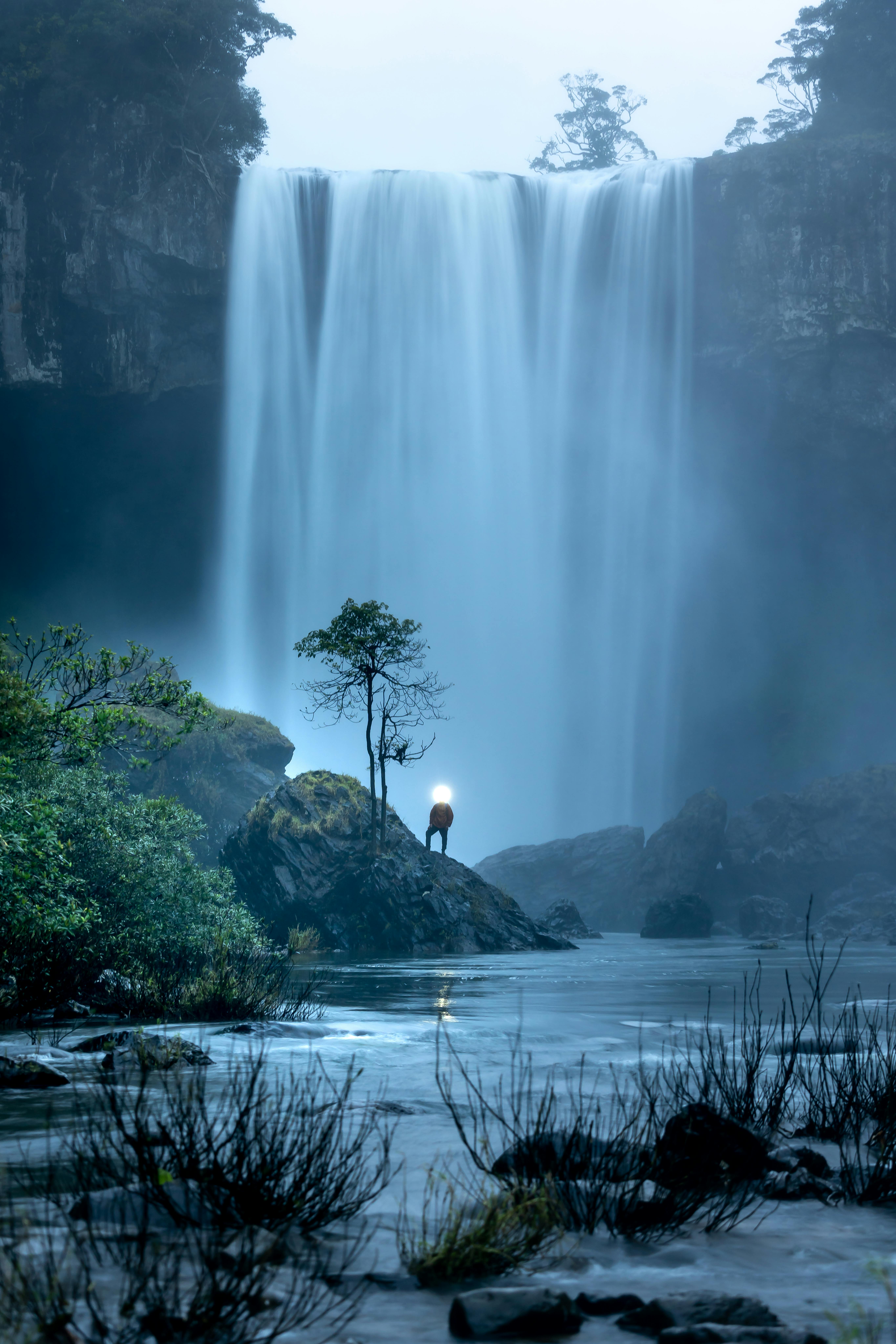 Person Standing near Waterfall and Trees · Free Stock Photo