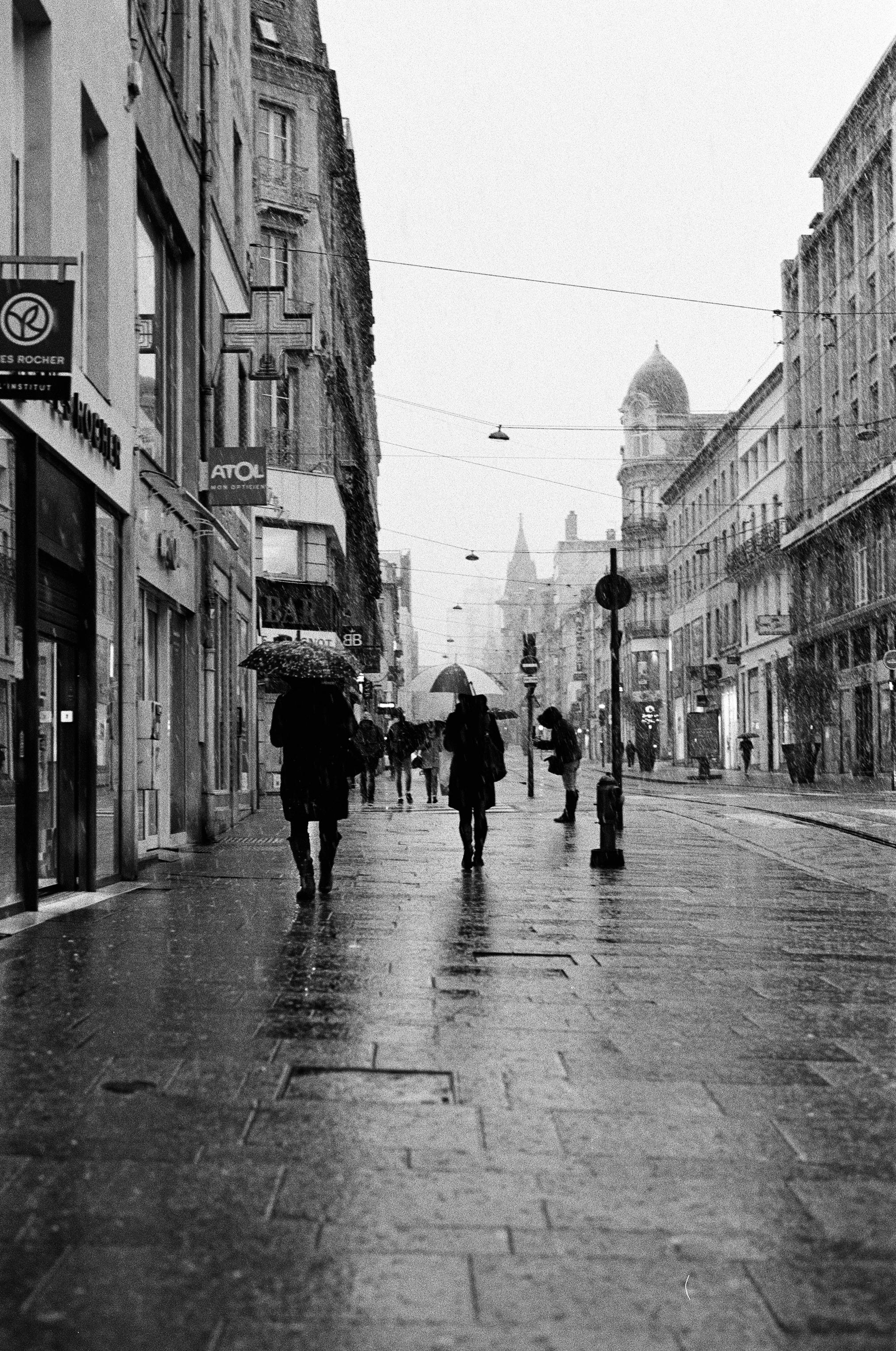 Grayscale Photo of People Walking on Street Between Buildings · Free ...