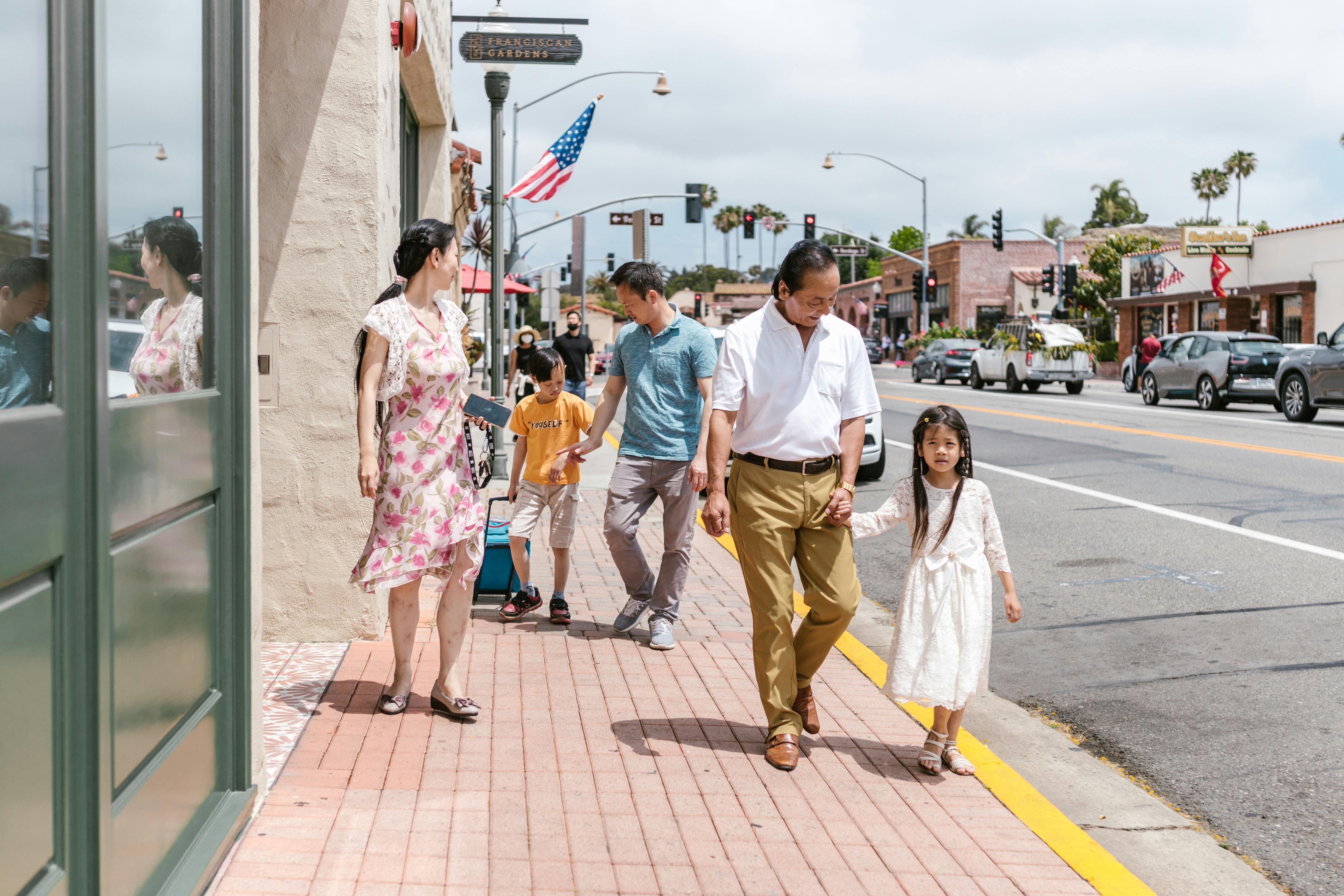 A Family Walking on the Sidewalk of the Street · Free Stock Photo