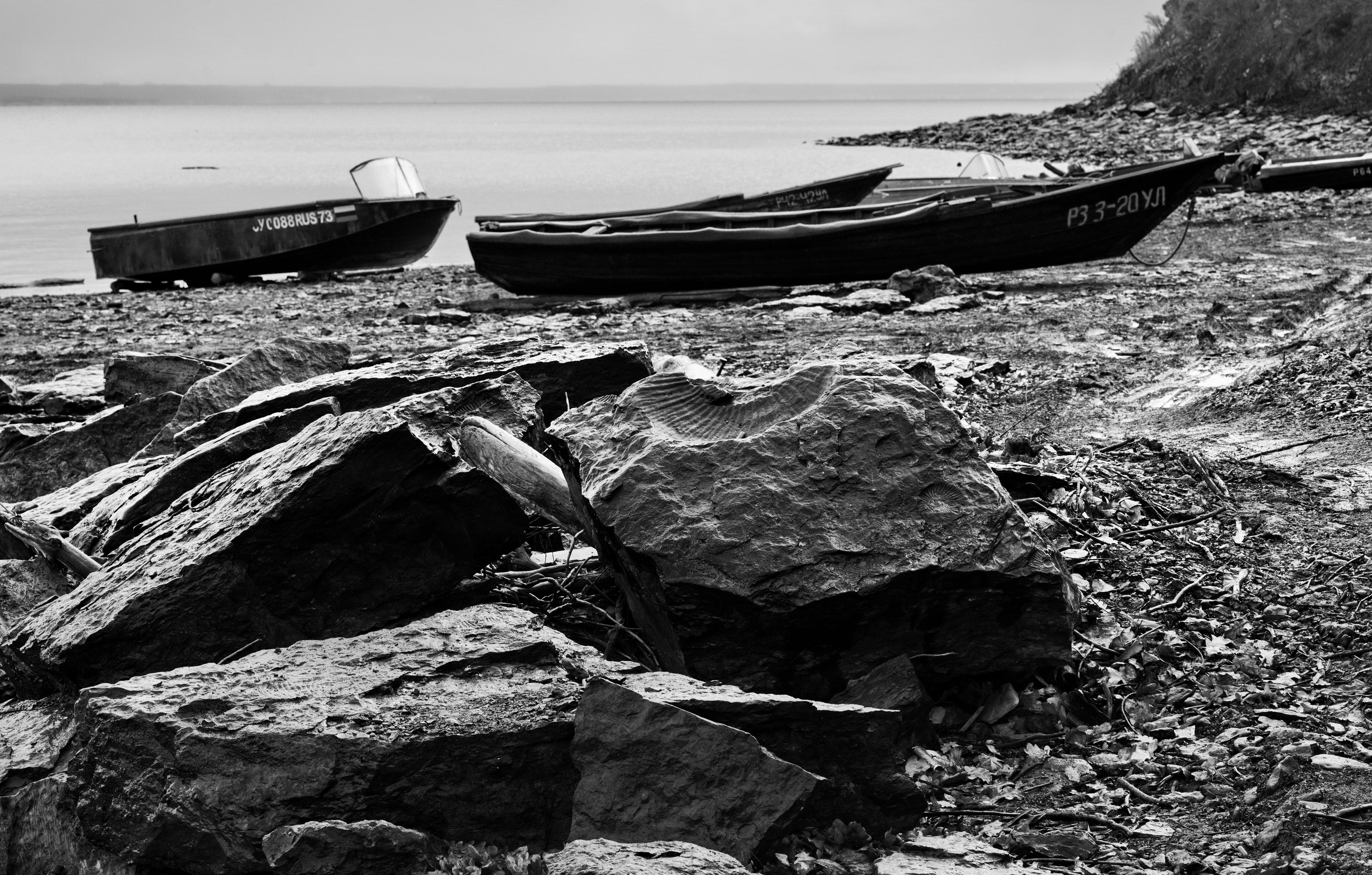 Grayscale Photo of a Boat on Seashore · Free Stock Photo