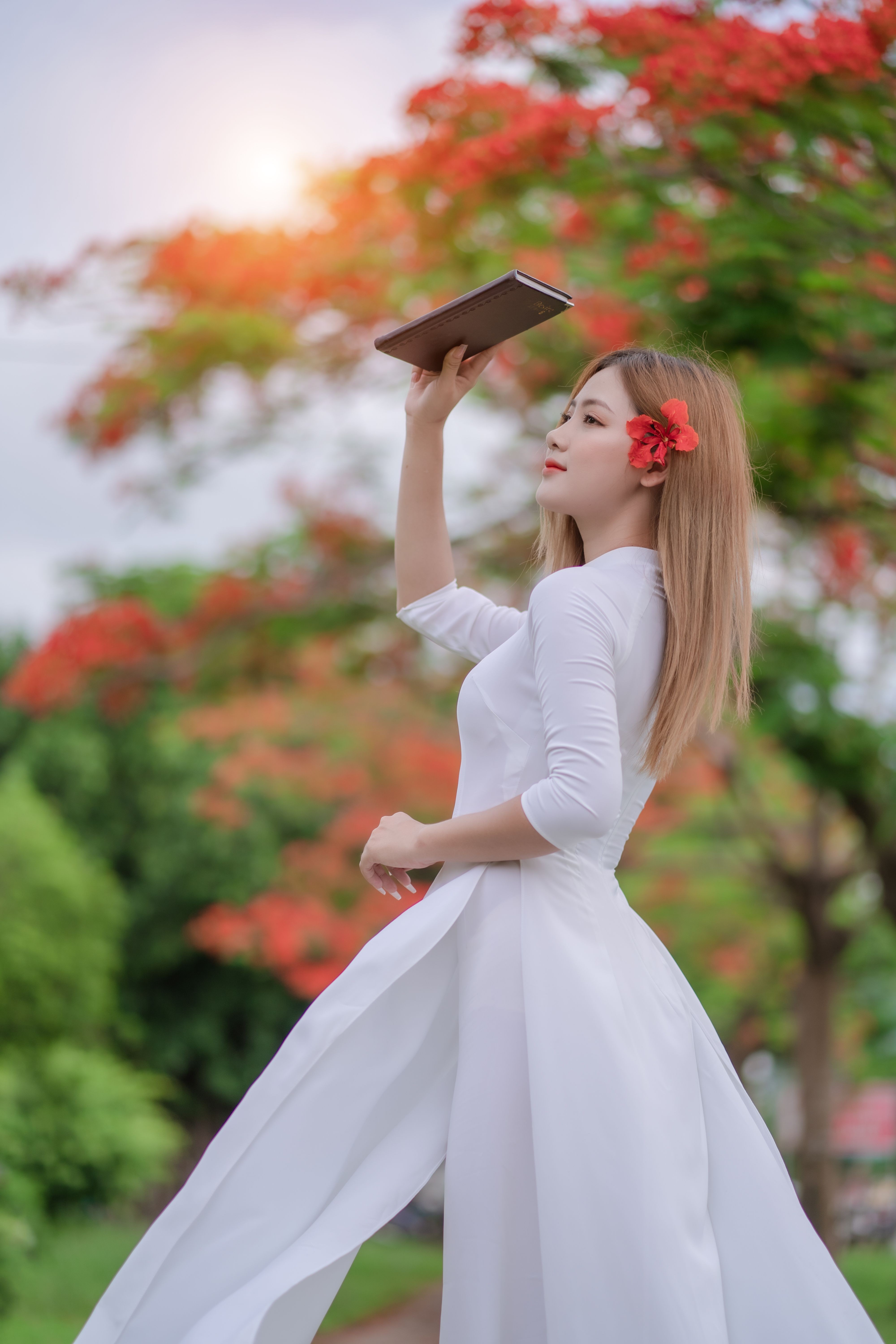 Woman in White Long Sleeve Dress Holding Black Notebook · Free Stock Photo
