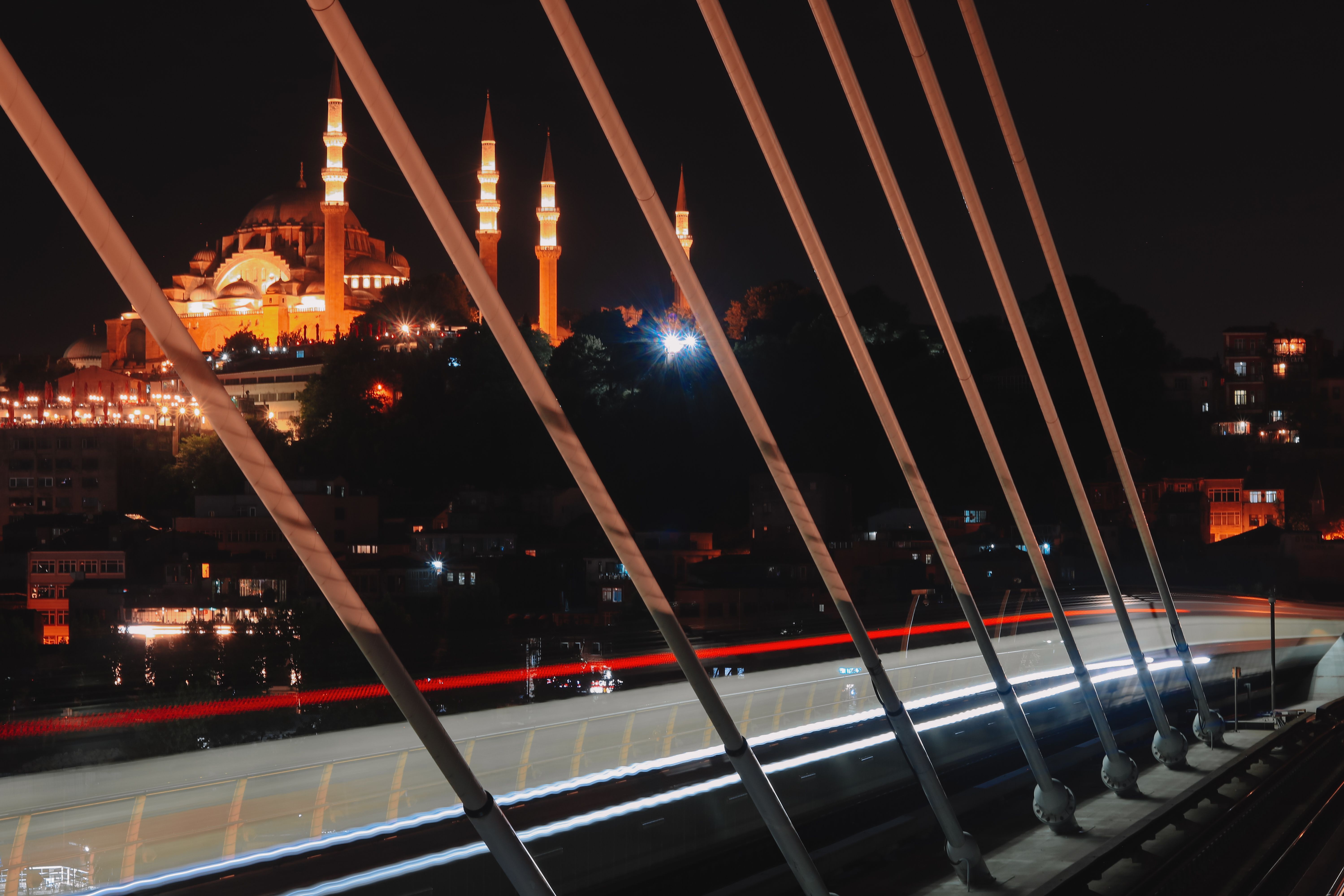 Lights on the Blue Mosque Through a Bridge Construction Beams, Istanbul ...