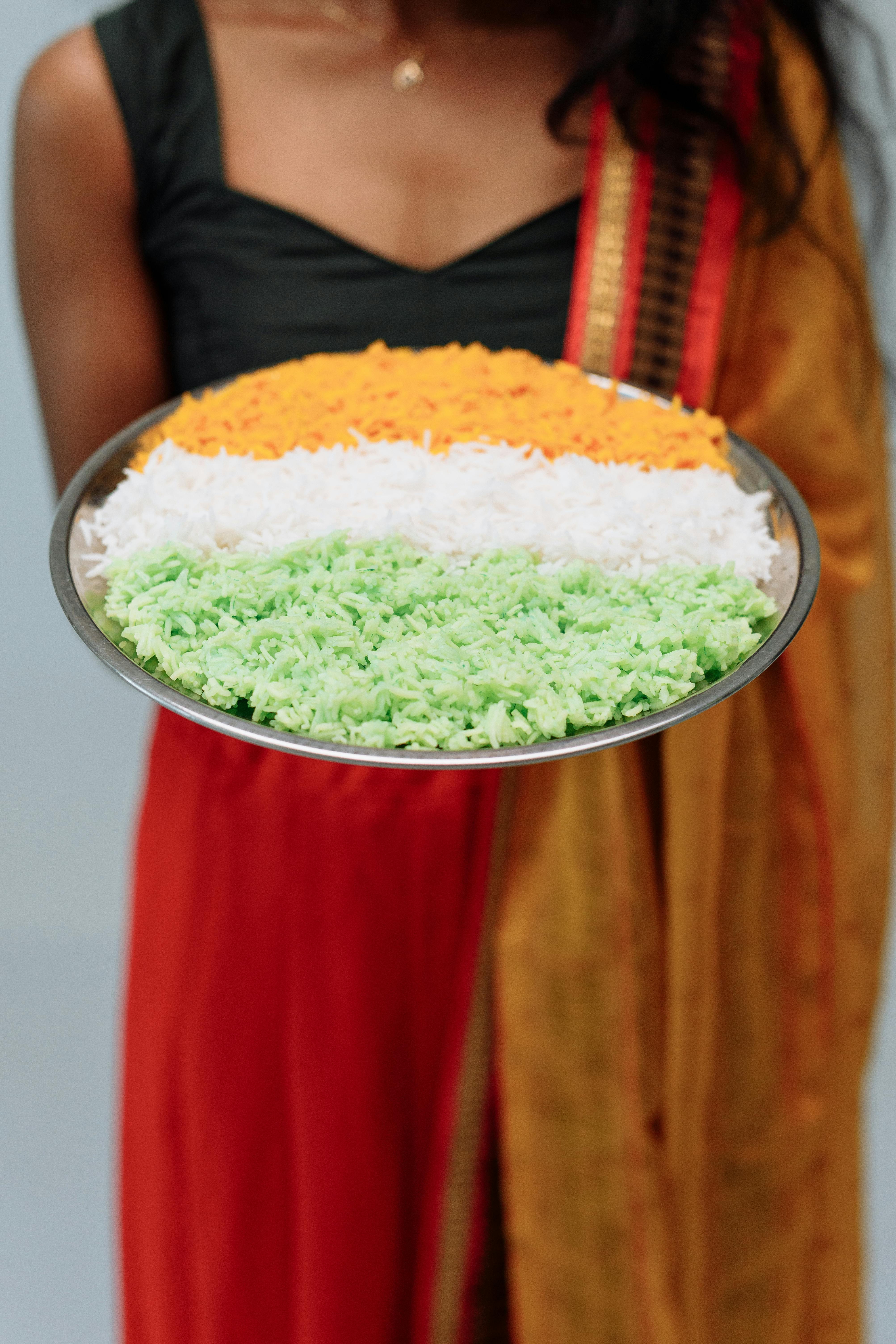 Colored Rice on a Stainless Platter · Free Stock Photo