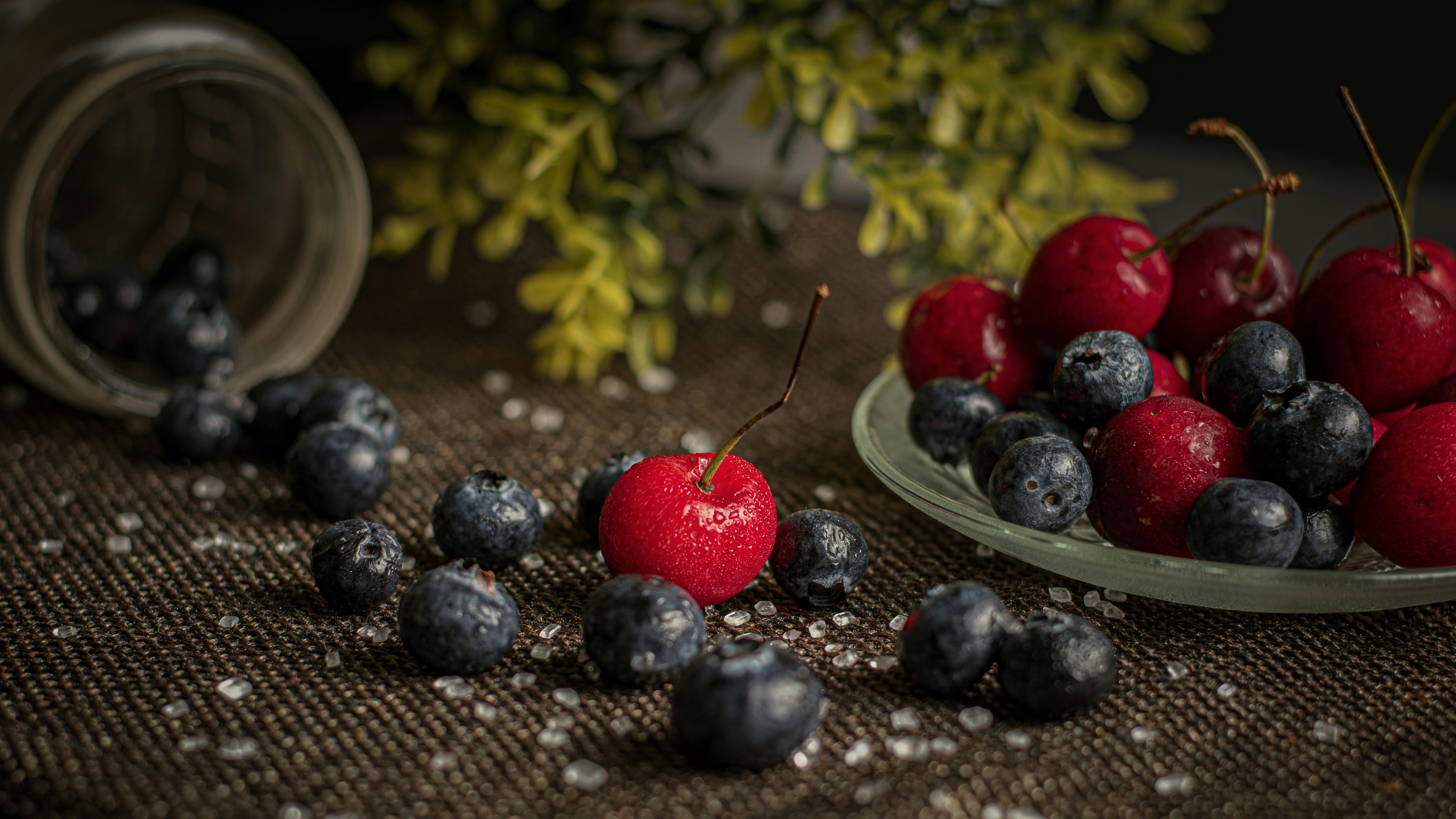 Blueberries and Cherries on Clear Glass Plate · Free Stock Photo
