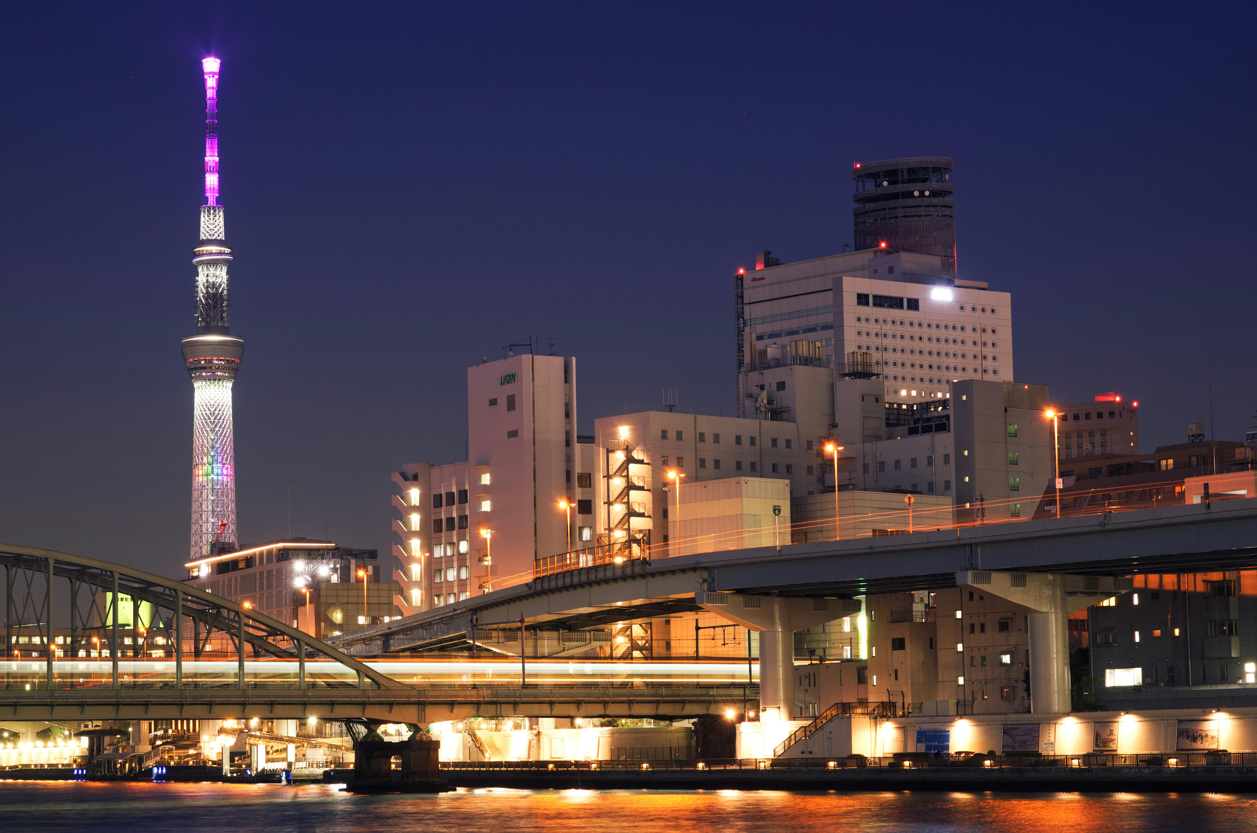 Illuminated Bridges and Sumida Tower During Night Time · Free Stock Photo