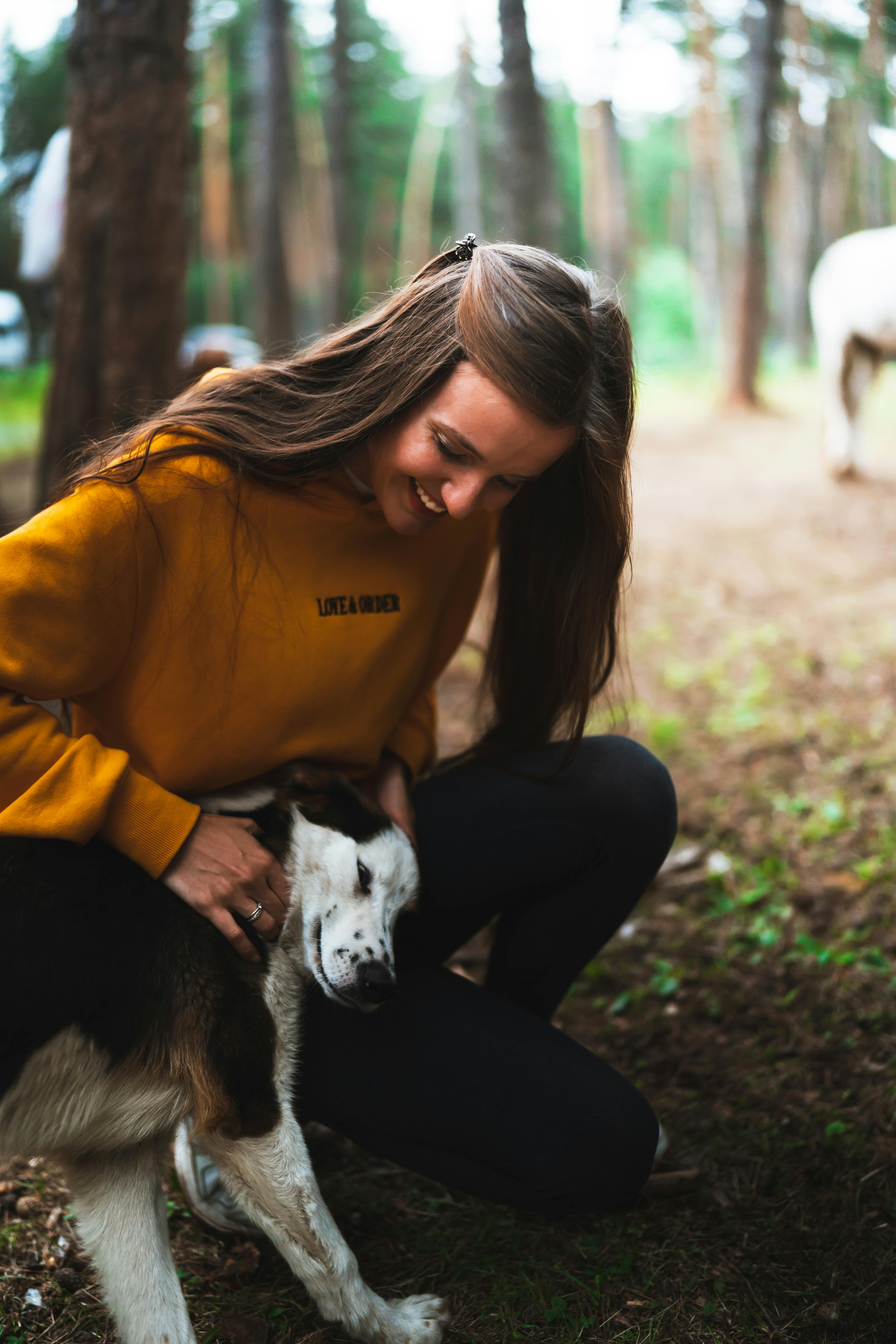 Woman in Yellow Sweater Playing with Black and White Dog · Free Stock Photo