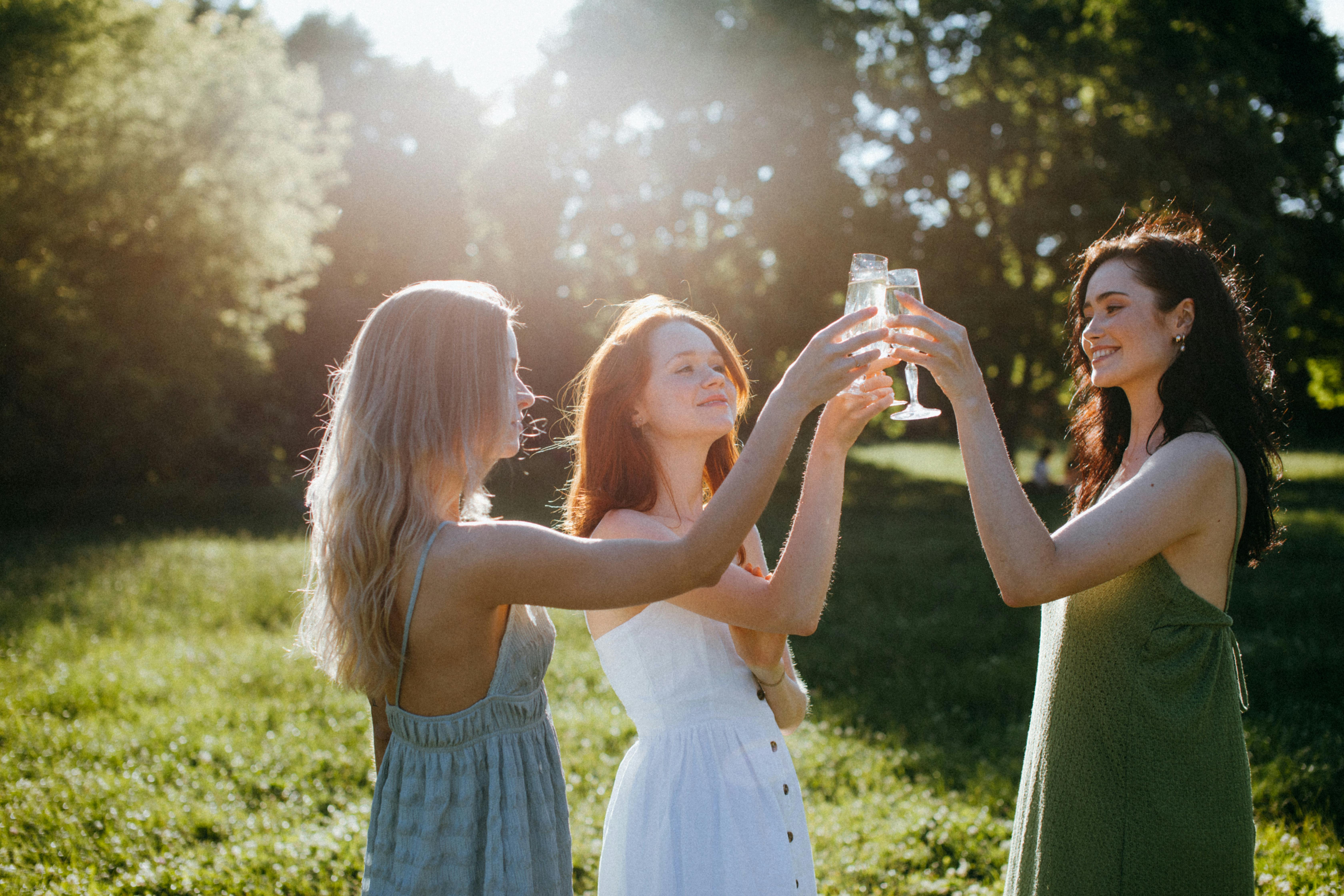 Beautiful Women Having a Toast while Standing on a Grass Field · Free ...
