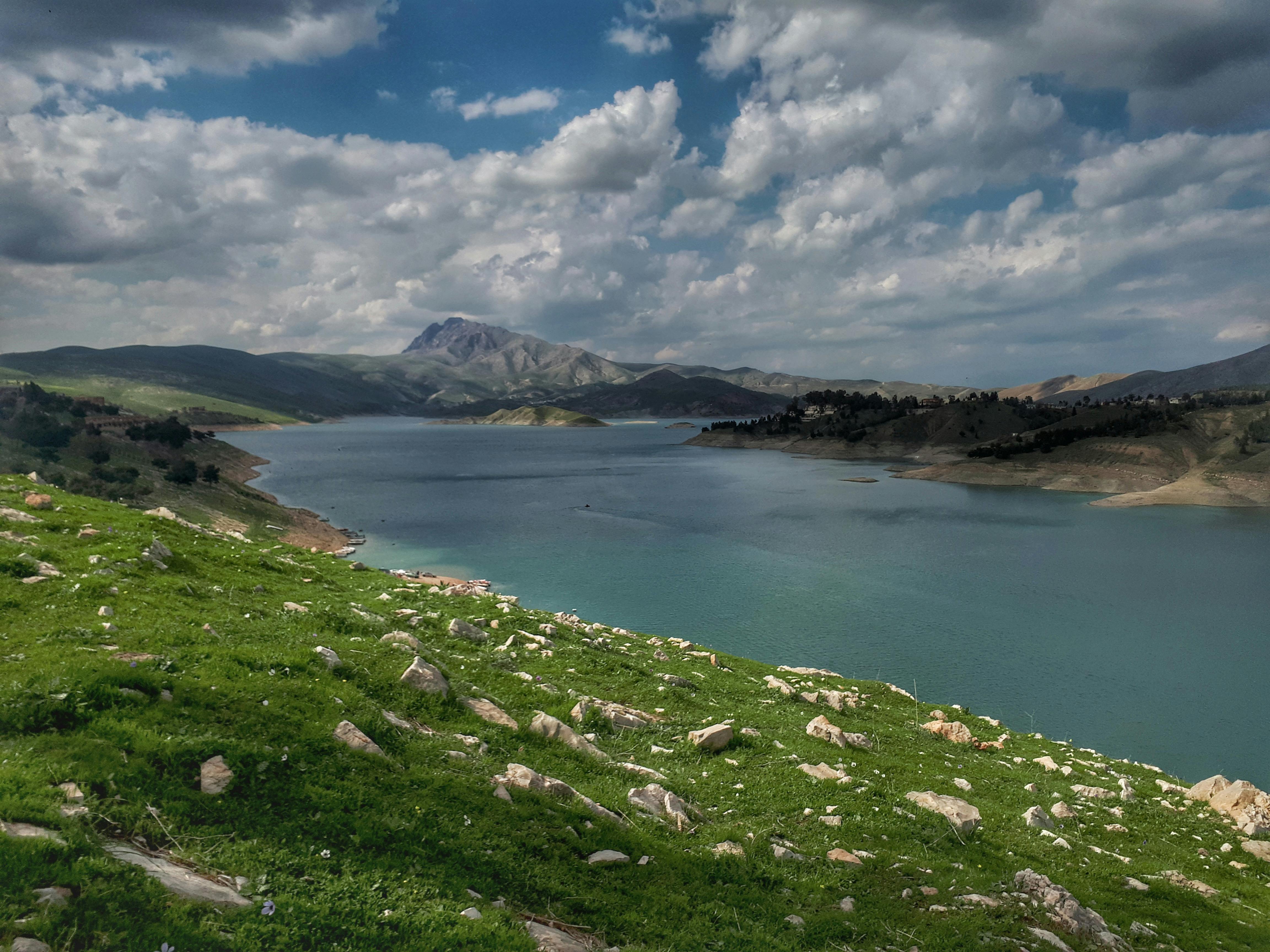 Green Grass Field Near Lake Under White Clouds · Free Stock Photo