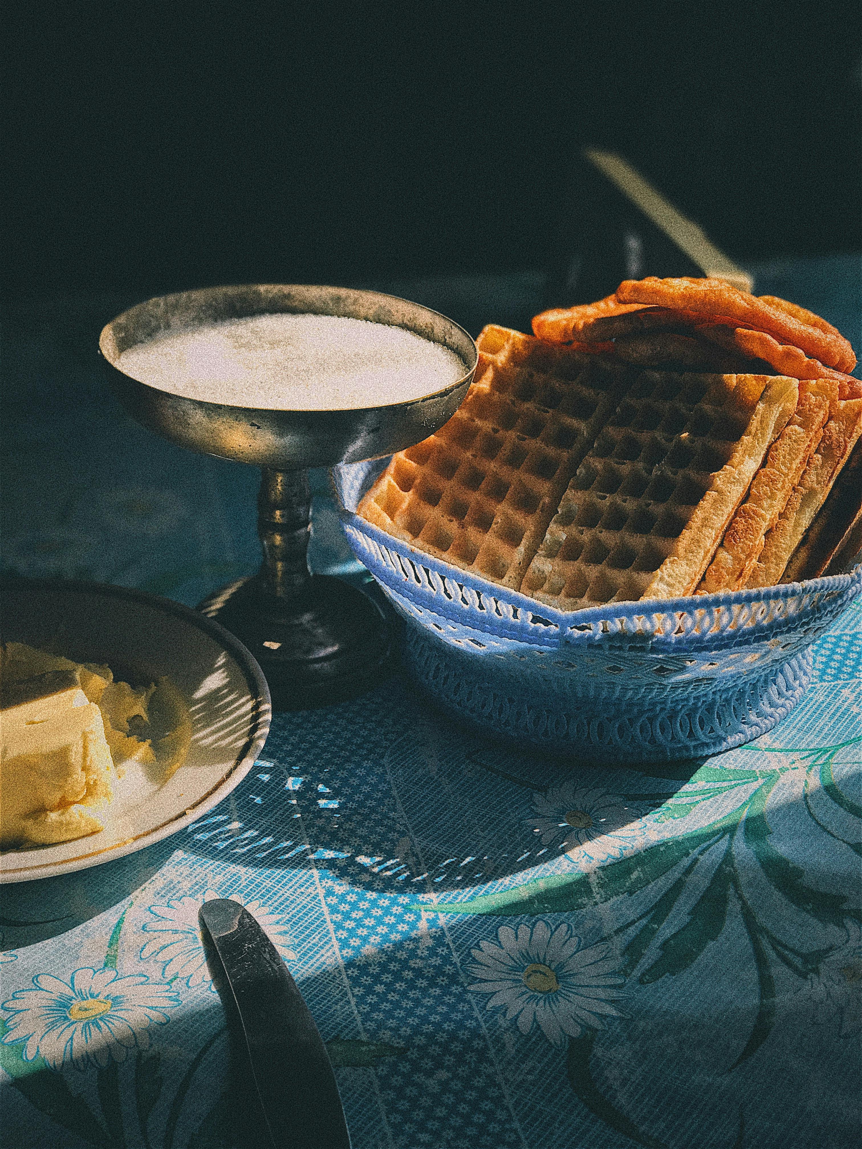 Freshly Baked Waffles in a Blue Container · Free Stock Photo