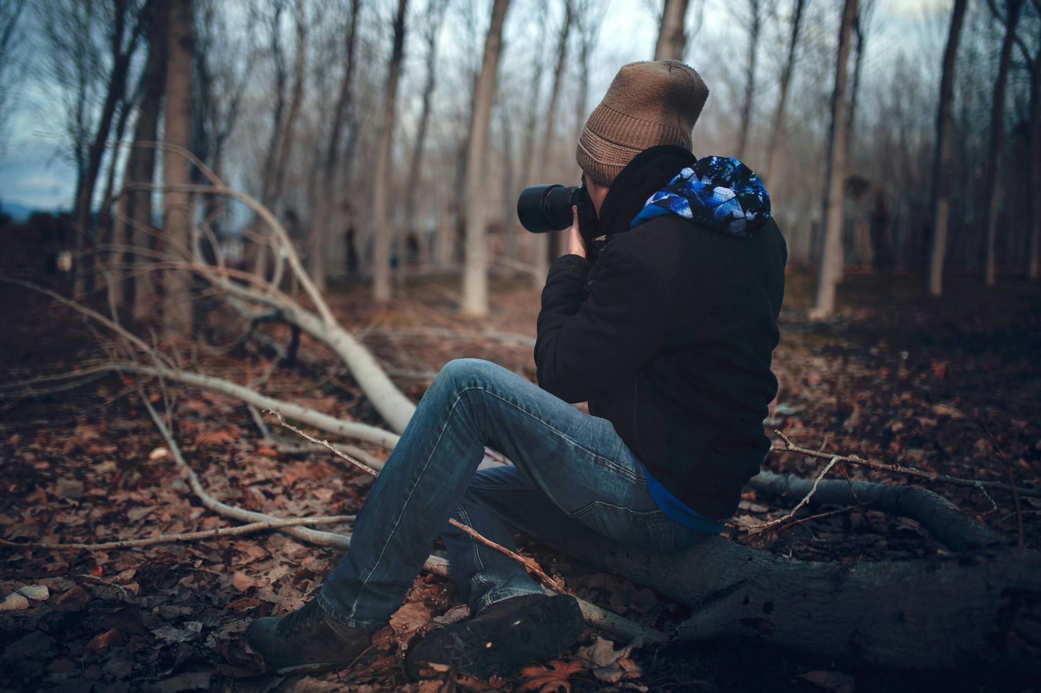 Man Wearing Black Jacket and Blue Jeans Sitting on Tree Branch · Free ...