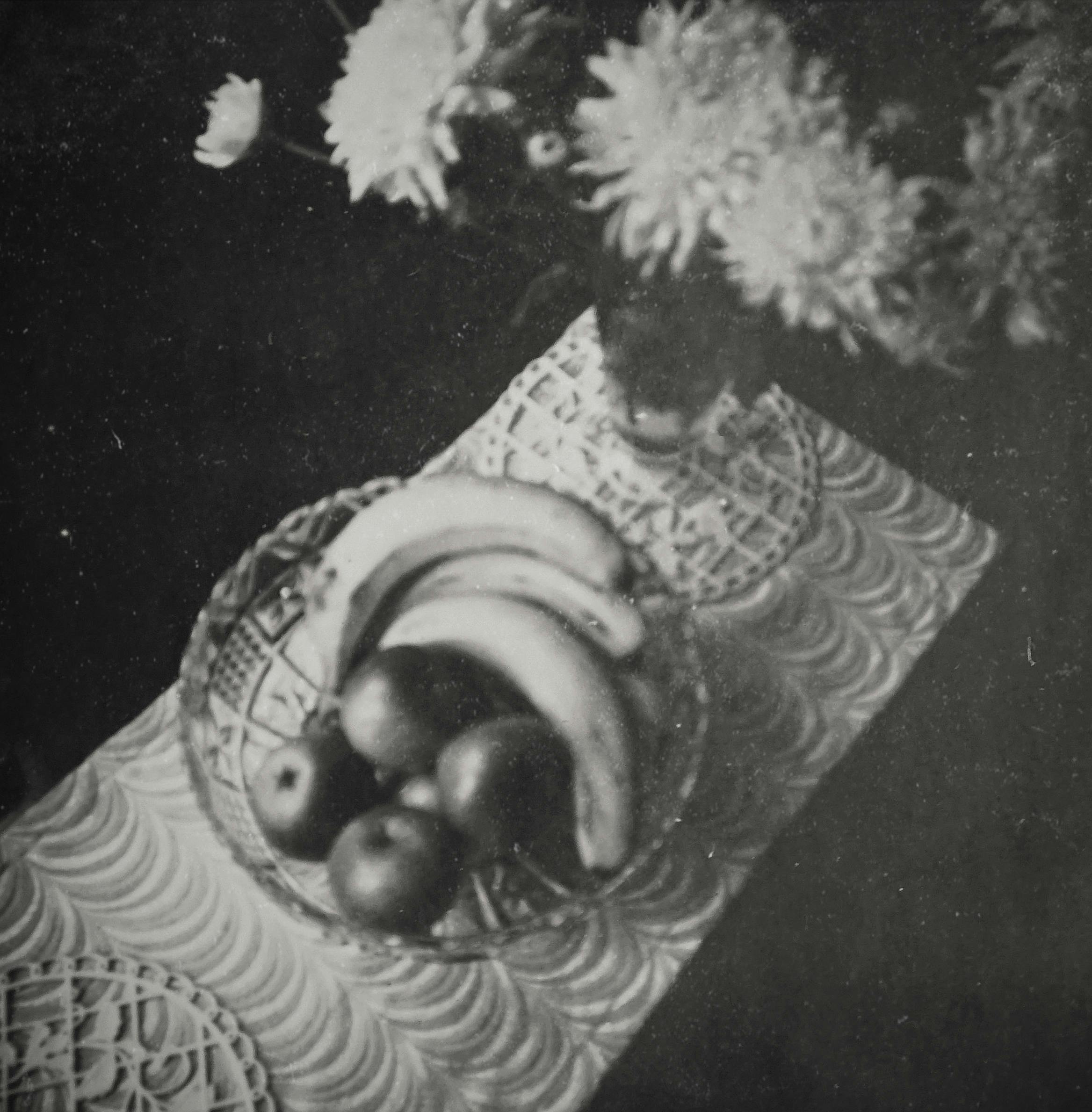 Grayscale Photo of A Bowl Of Fruits And Glass Vase On Table · Free ...