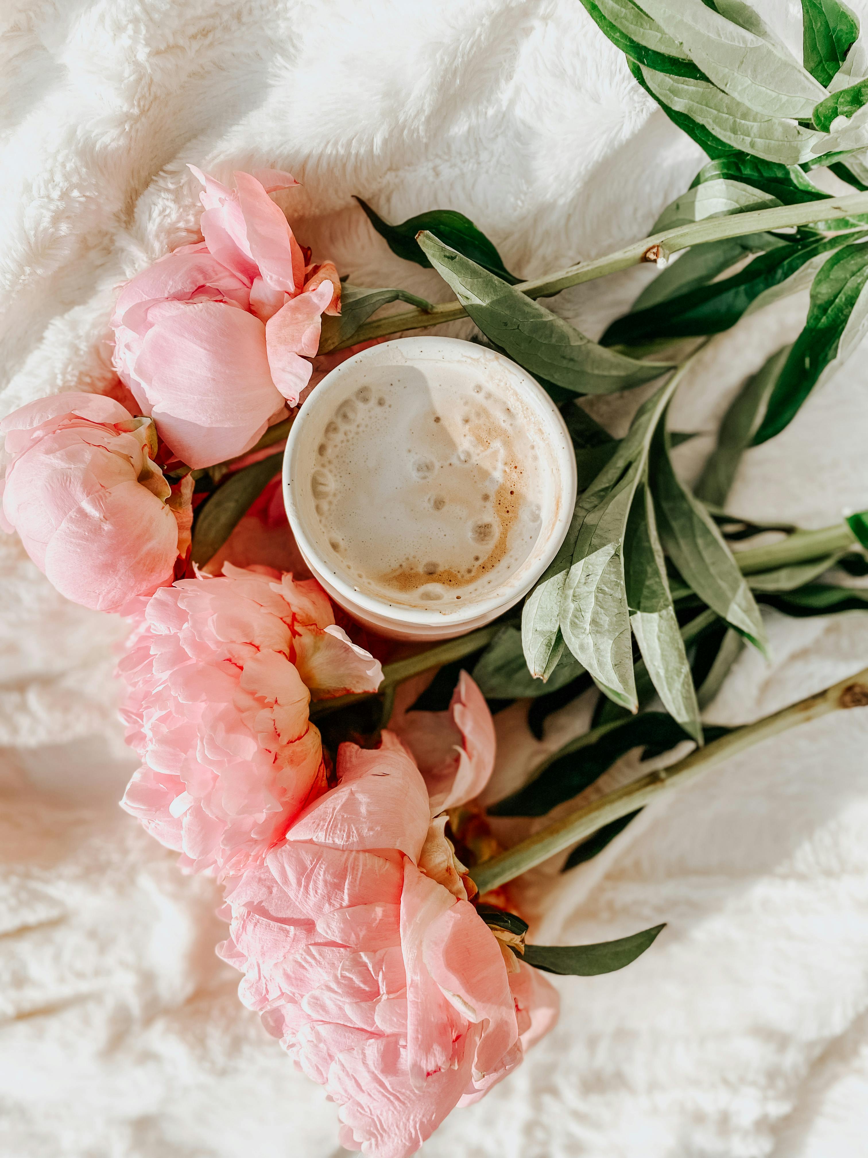 Close-Up Shot of Pink Roses beside a Cup of Coffee · Free Stock Photo