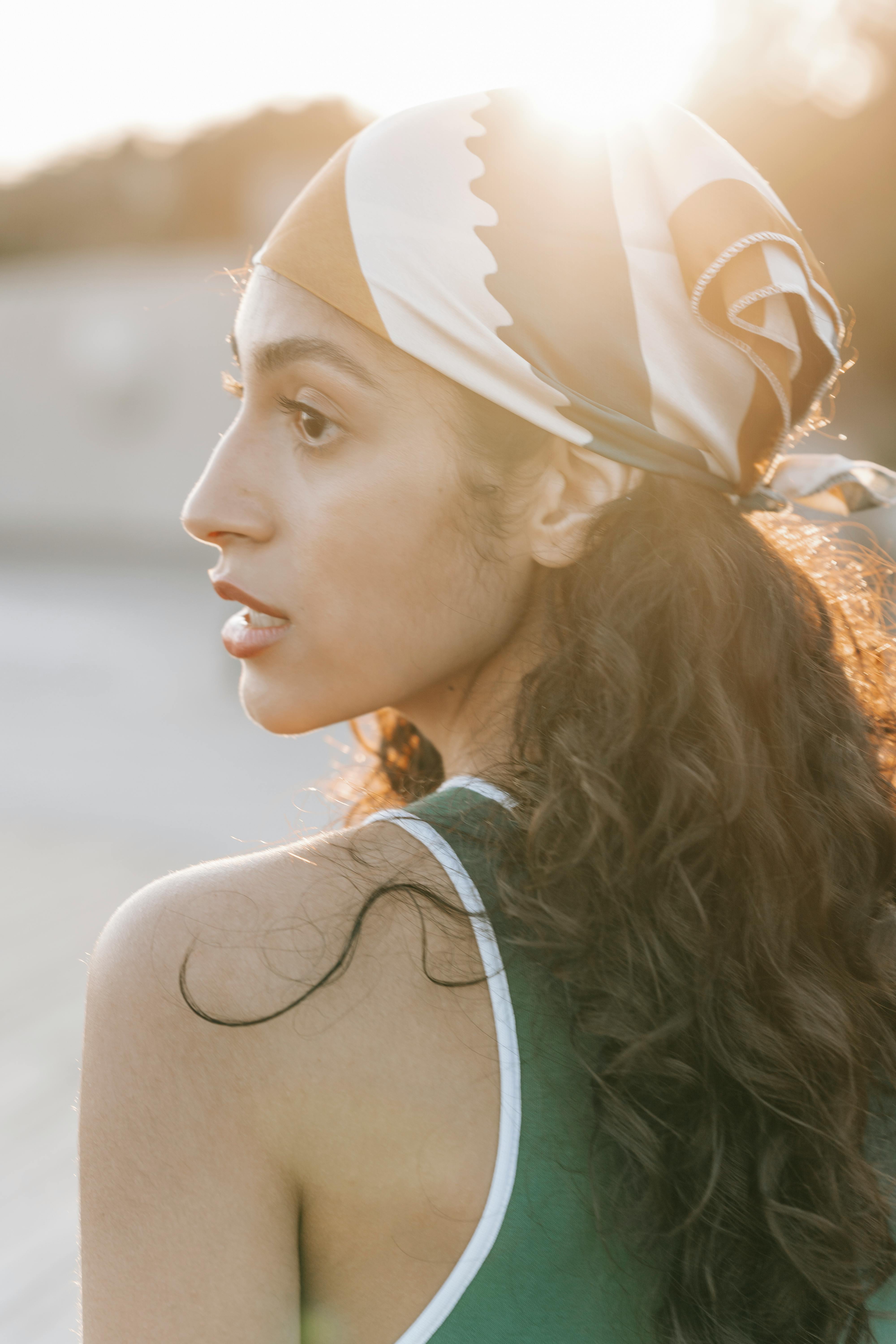 Beautiful Brunette with Handkerchief on Head on Sunset · Free Stock Photo
