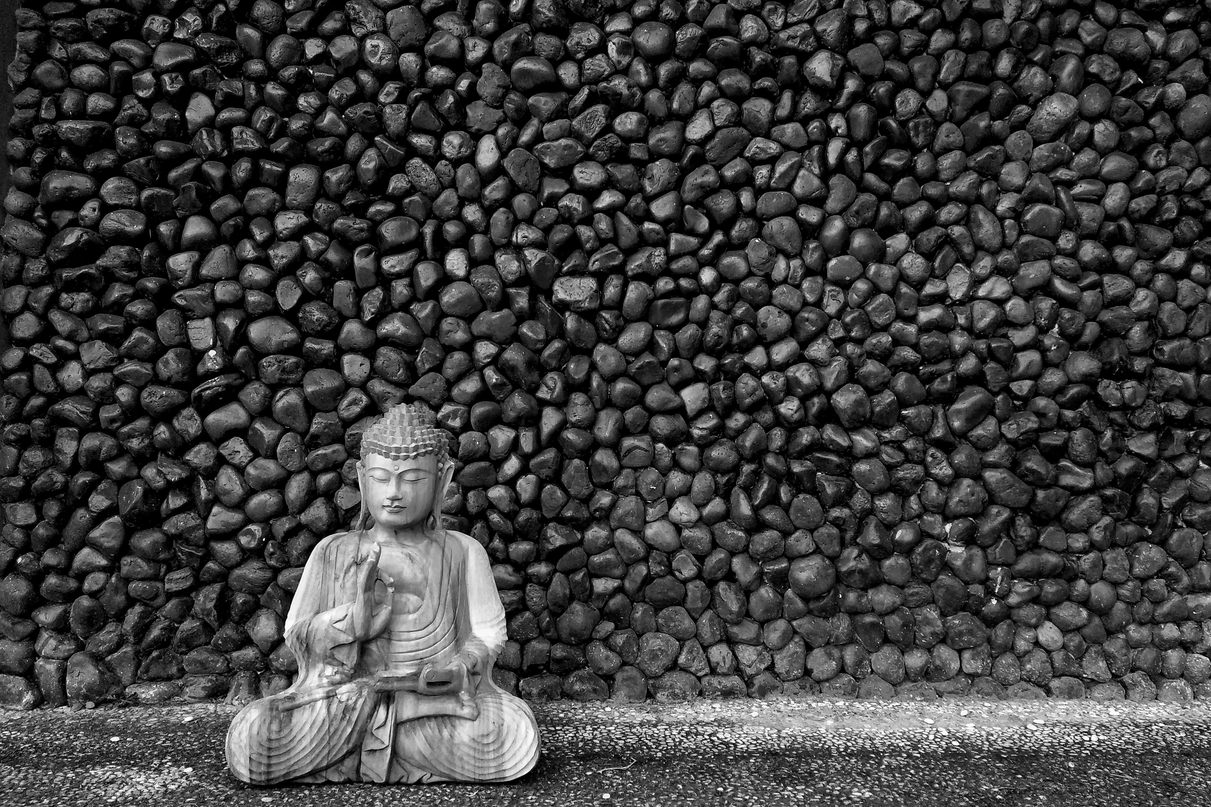 A Grayscale of a Buddha beside a Stone Wall · Free Stock Photo