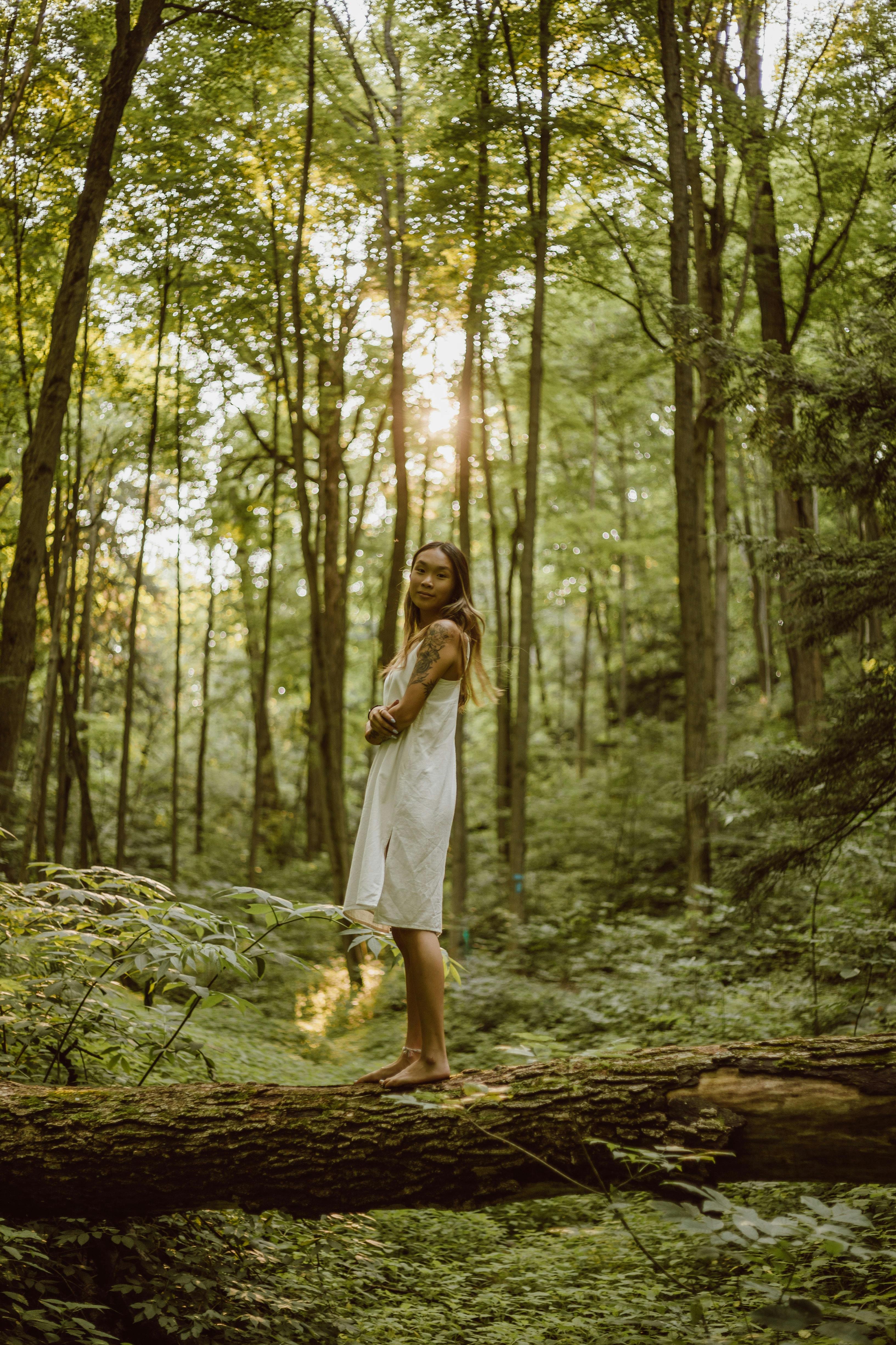 Woman in White Dress Standing on a Tree Trunk in the Forest · Free ...