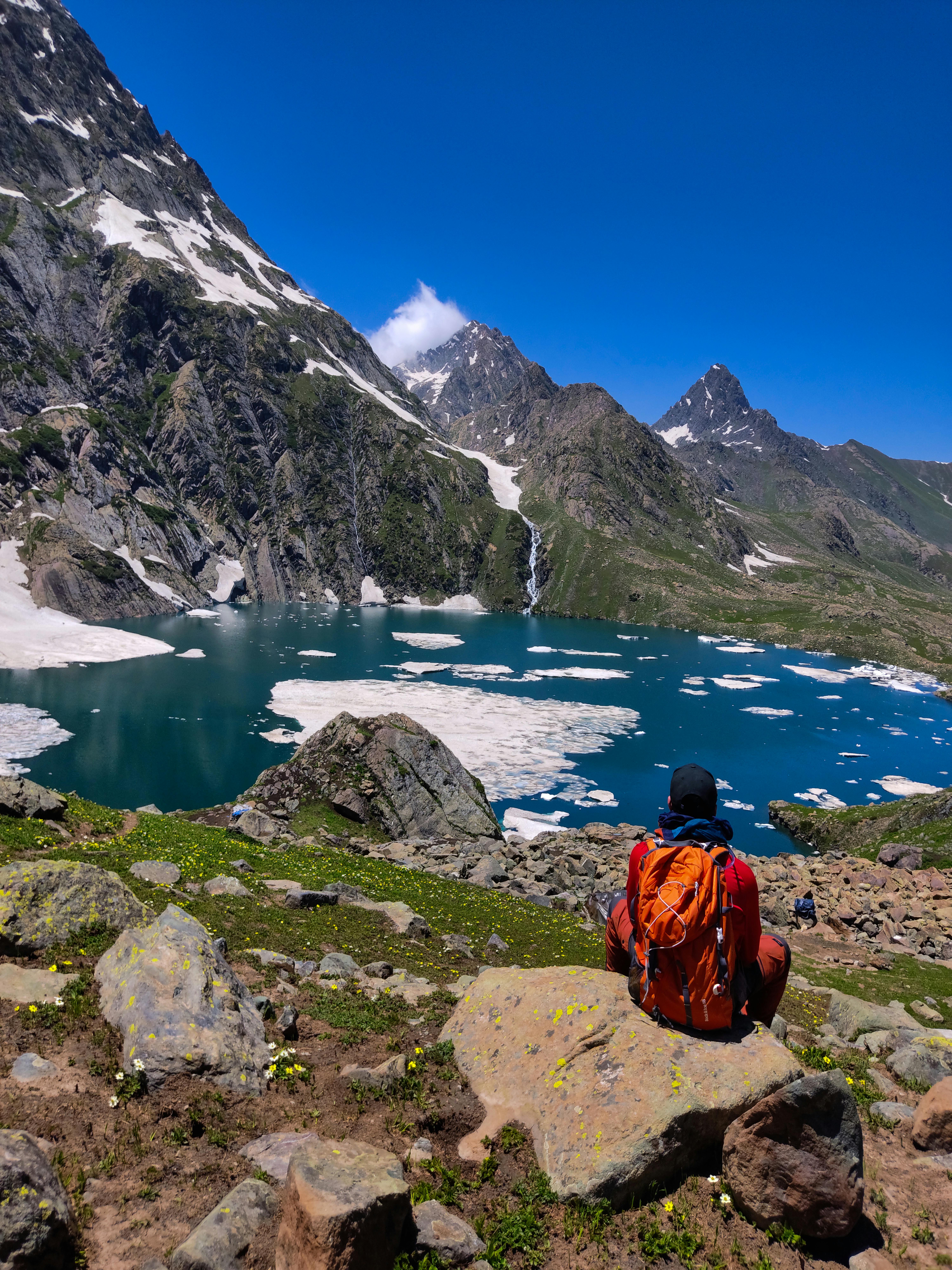 Person with Orange Backpack Sitting on Rock Near Lake and Mountains ...
