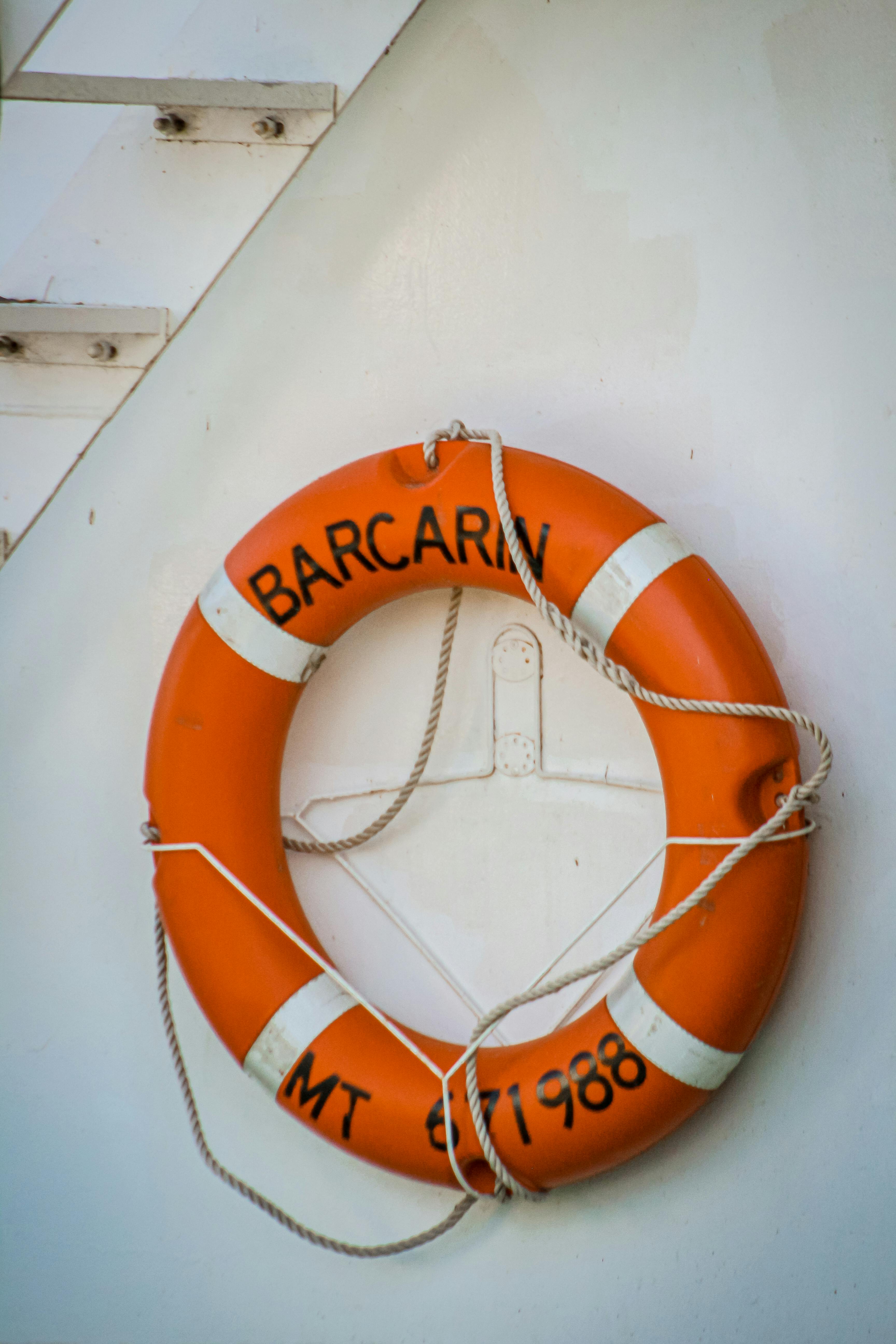 Bright lifebuoy with rope hanging on hook · Free Stock Photo