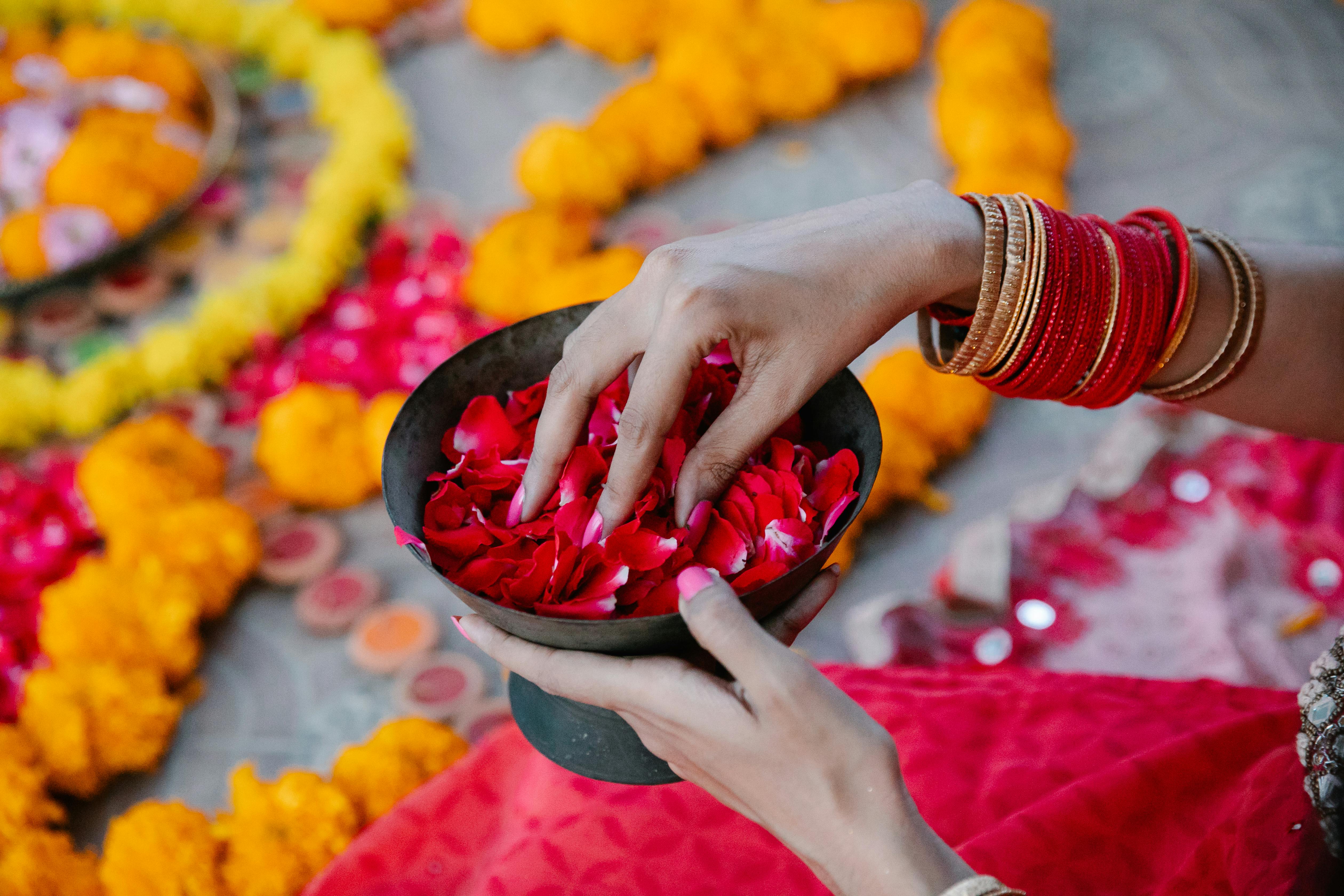 Woman in Traditional Clothing Preparing Traditional Flower Decorations ...
