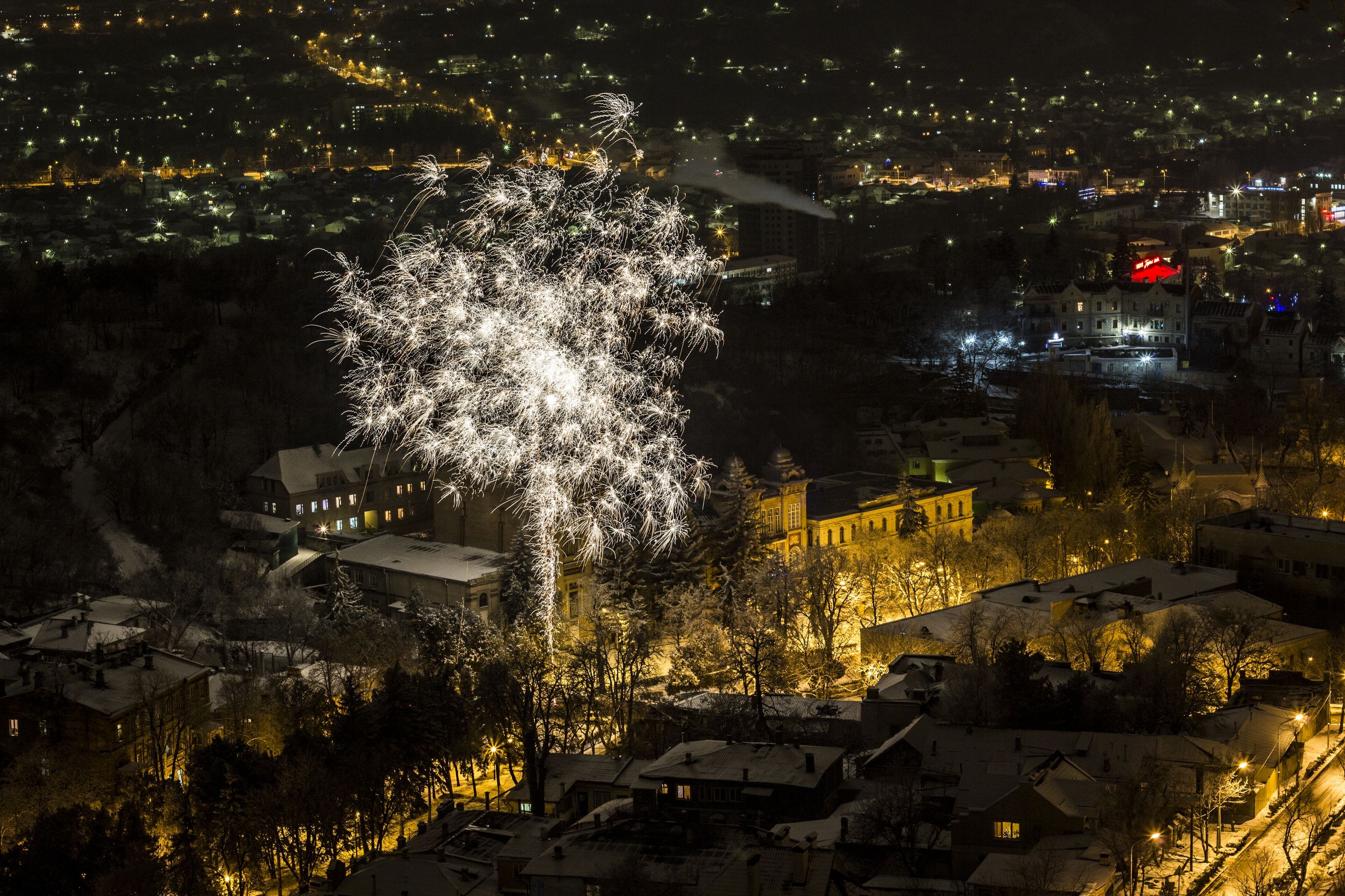 Fireworks over a City Street in Winter · Free Stock Photo