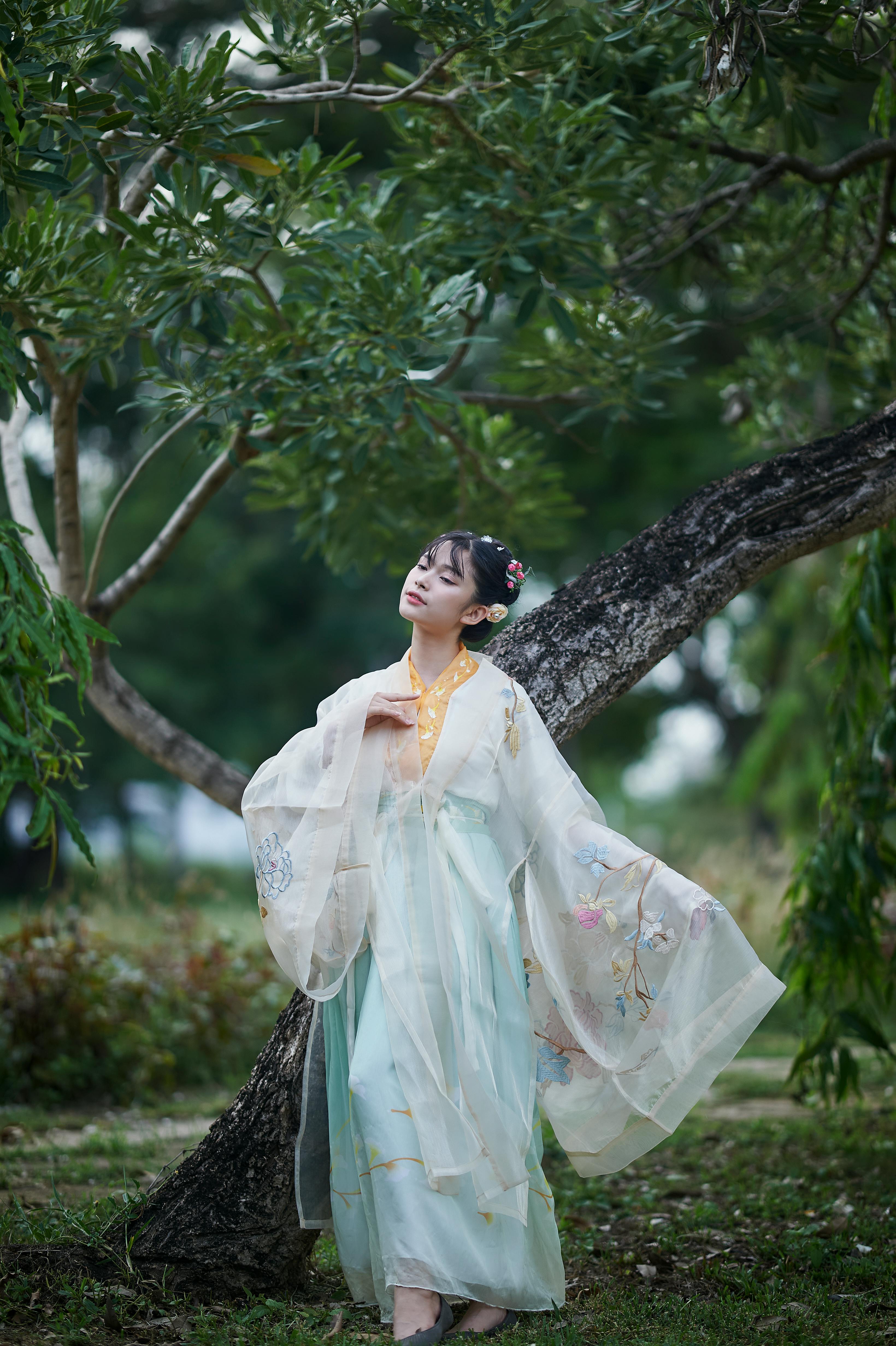 Woman in Red Traditional Hanfu Dress Sitting on Green Grass Playing ...