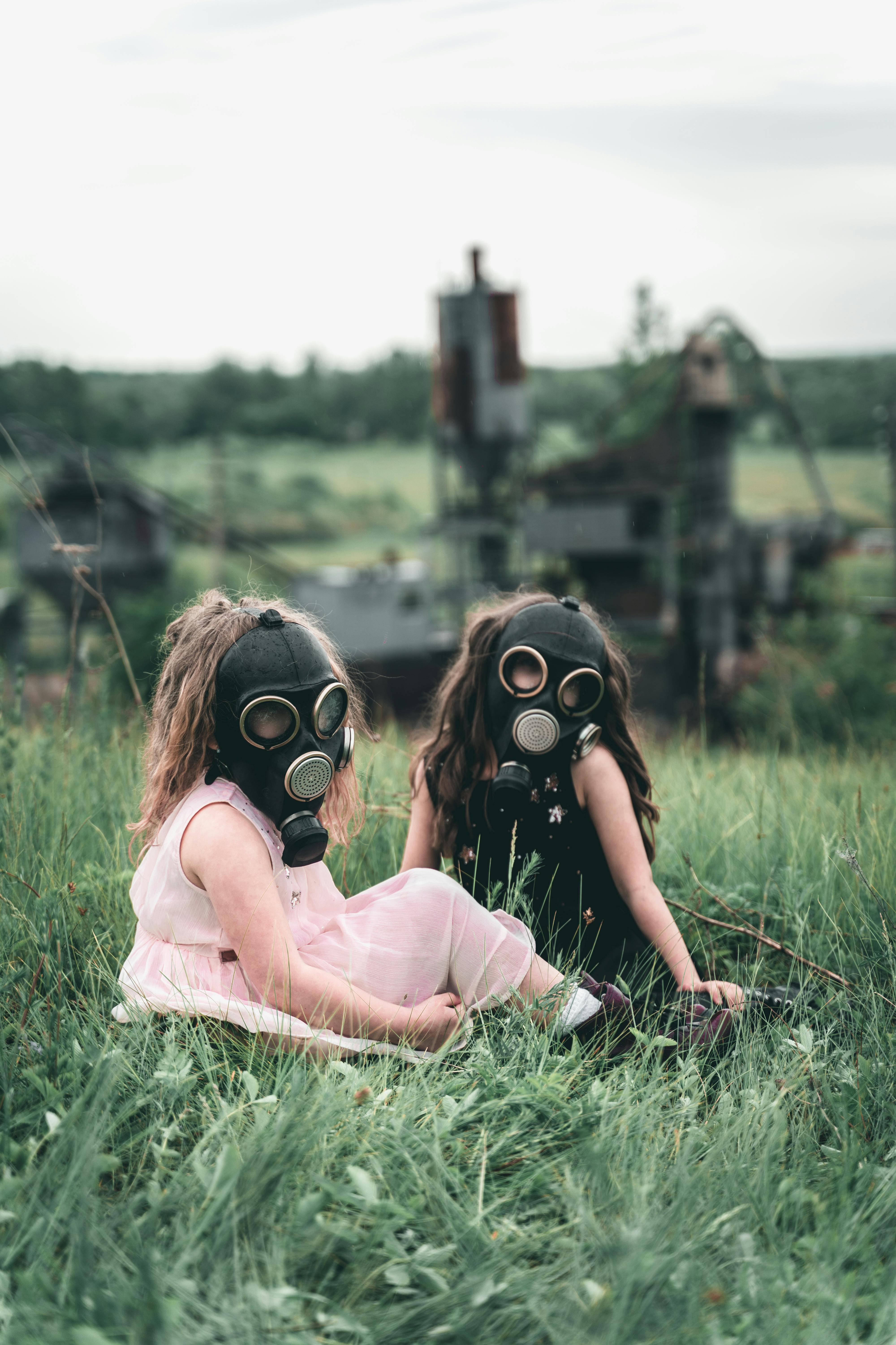Running Children wearing Gas Mask · Free Stock Photo