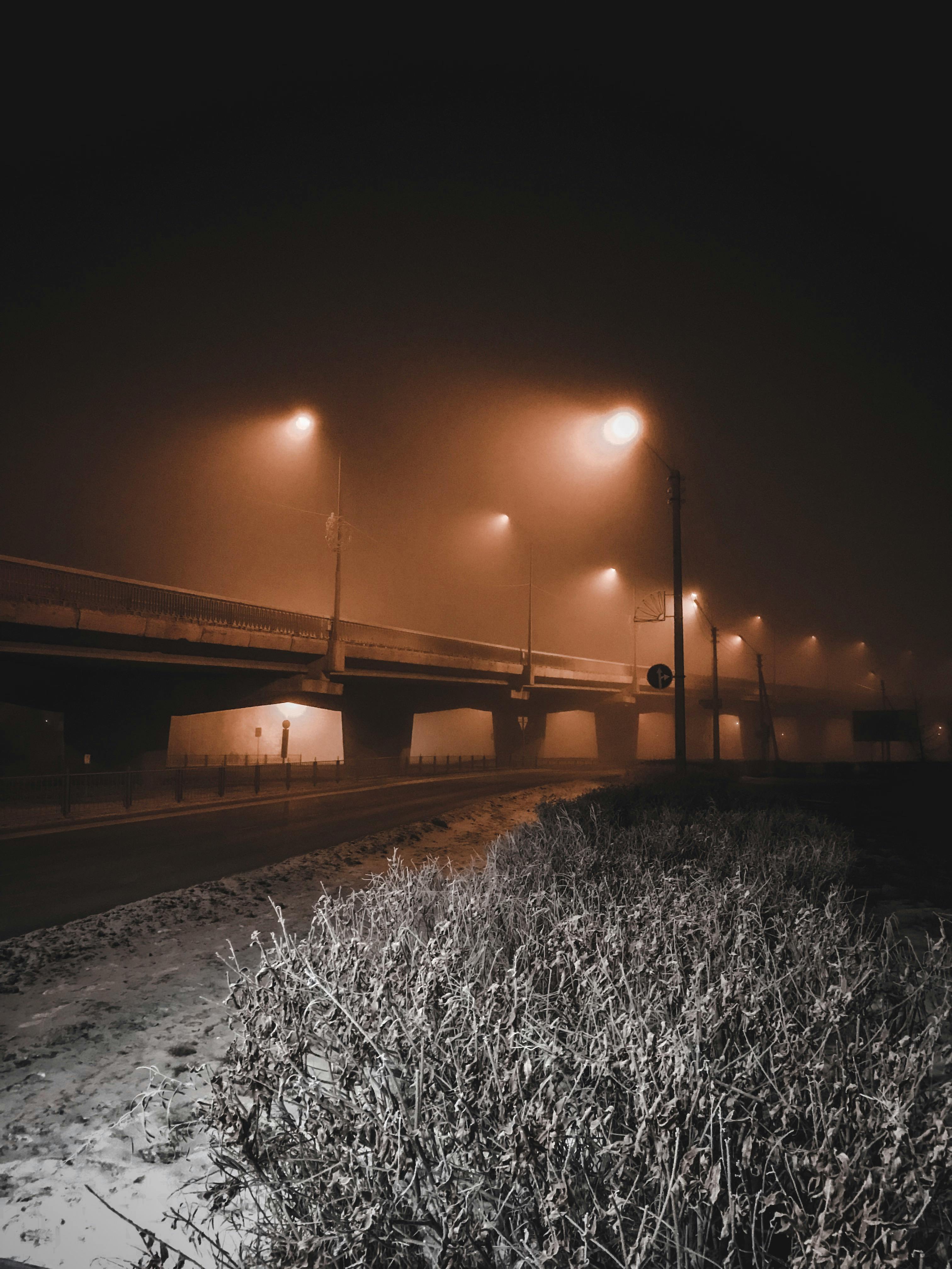 Bridge Asphalt Road Near Snow Covered Grass During Night Time · Free ...