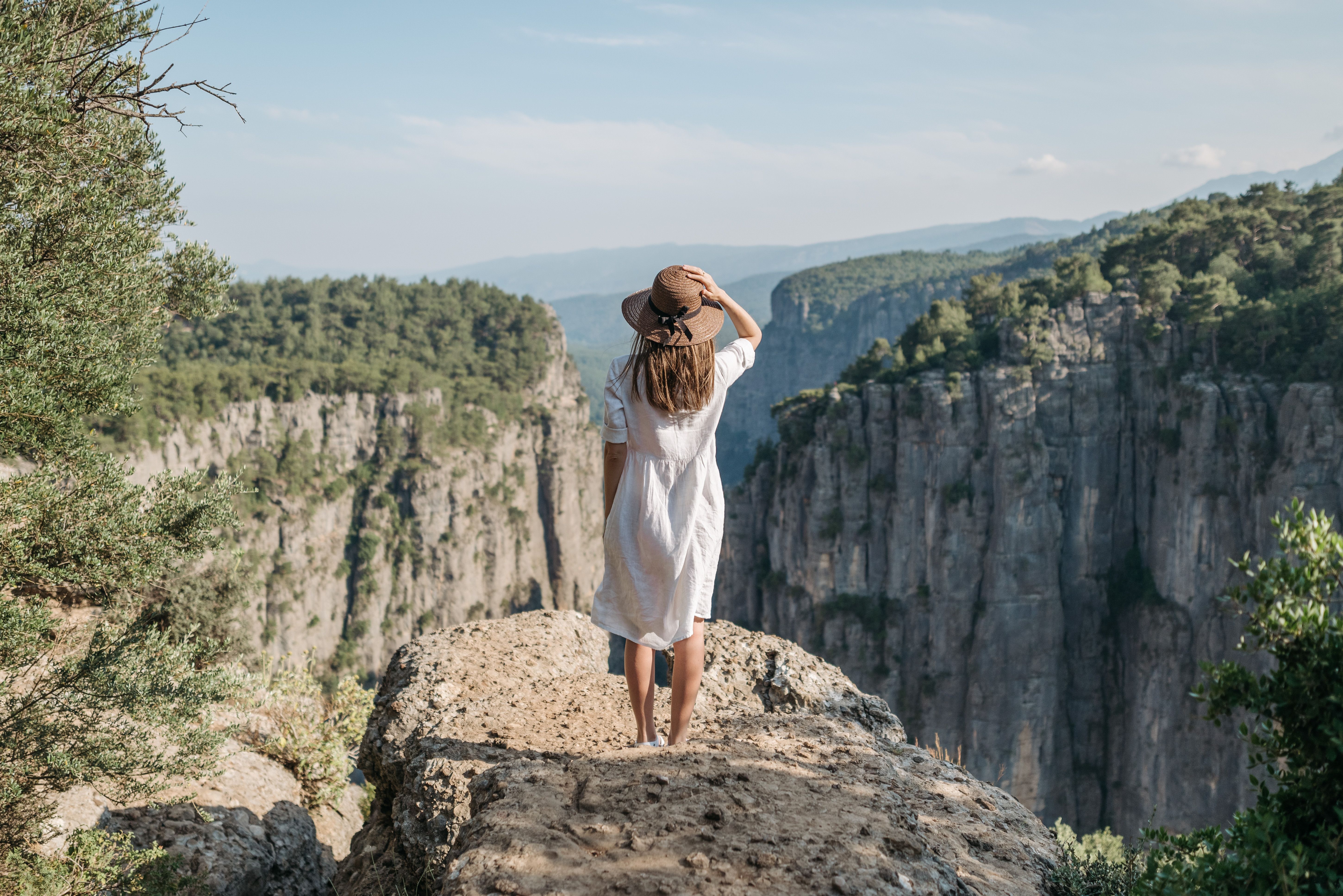 Back View of a Woman Standing on a Rock in a Mountain Landscape · Free ...