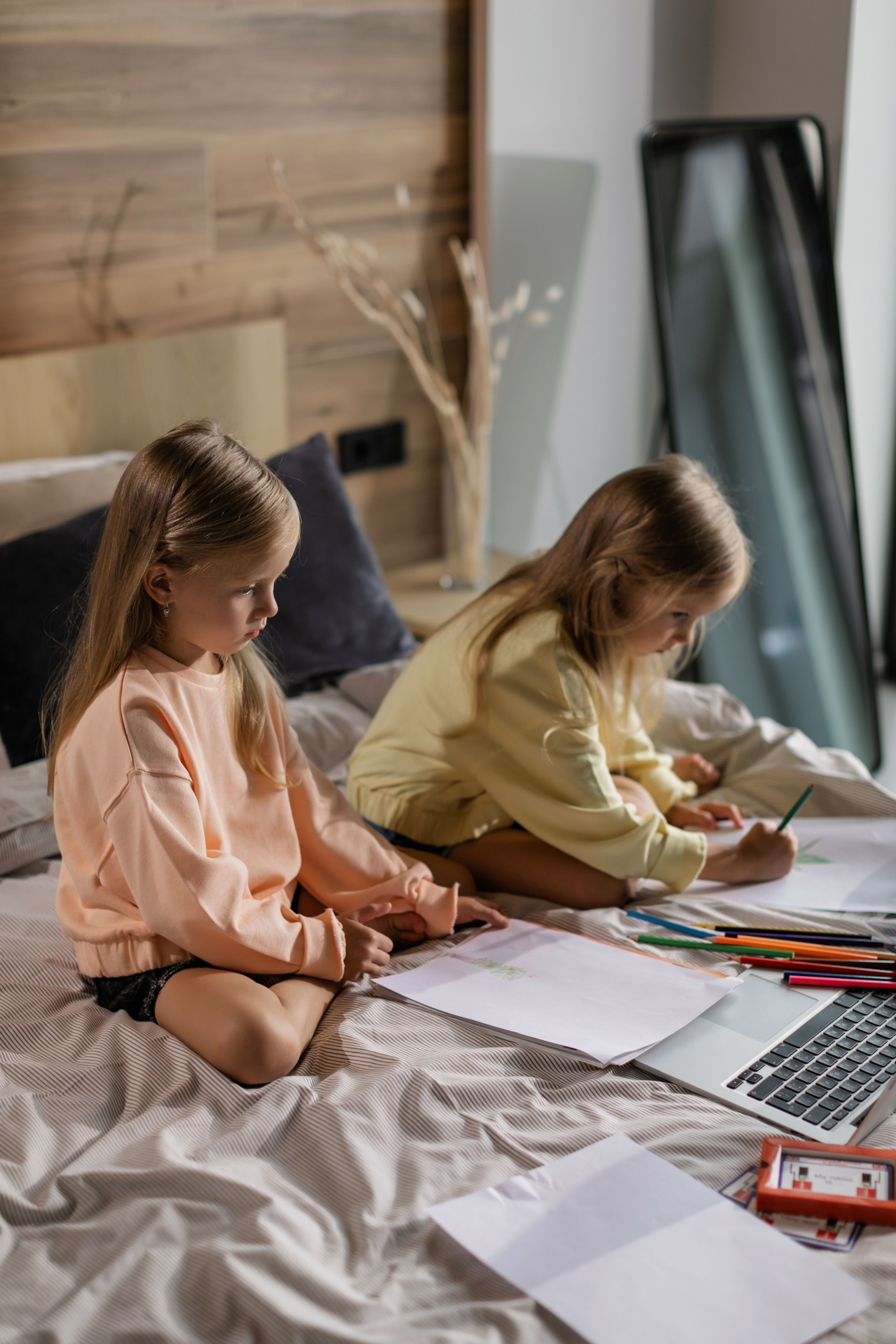 Twin Girls Doing Online Learning at Home · Free Stock Photo