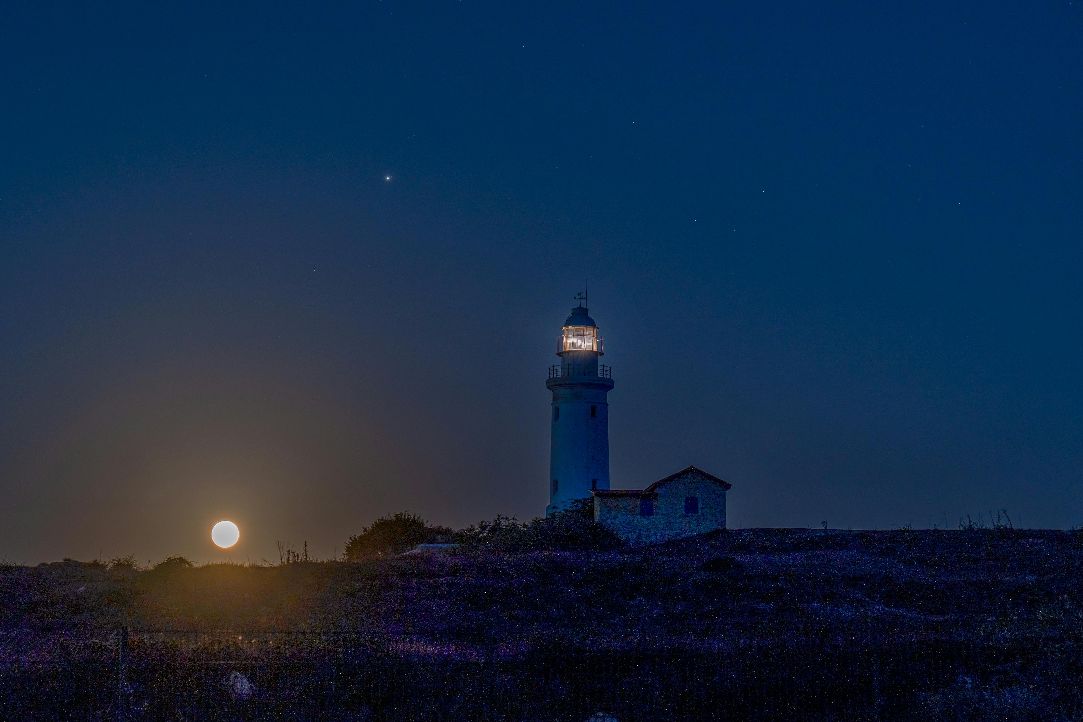 Lighthouse at Night Under a Full Moon · Free Stock Photo