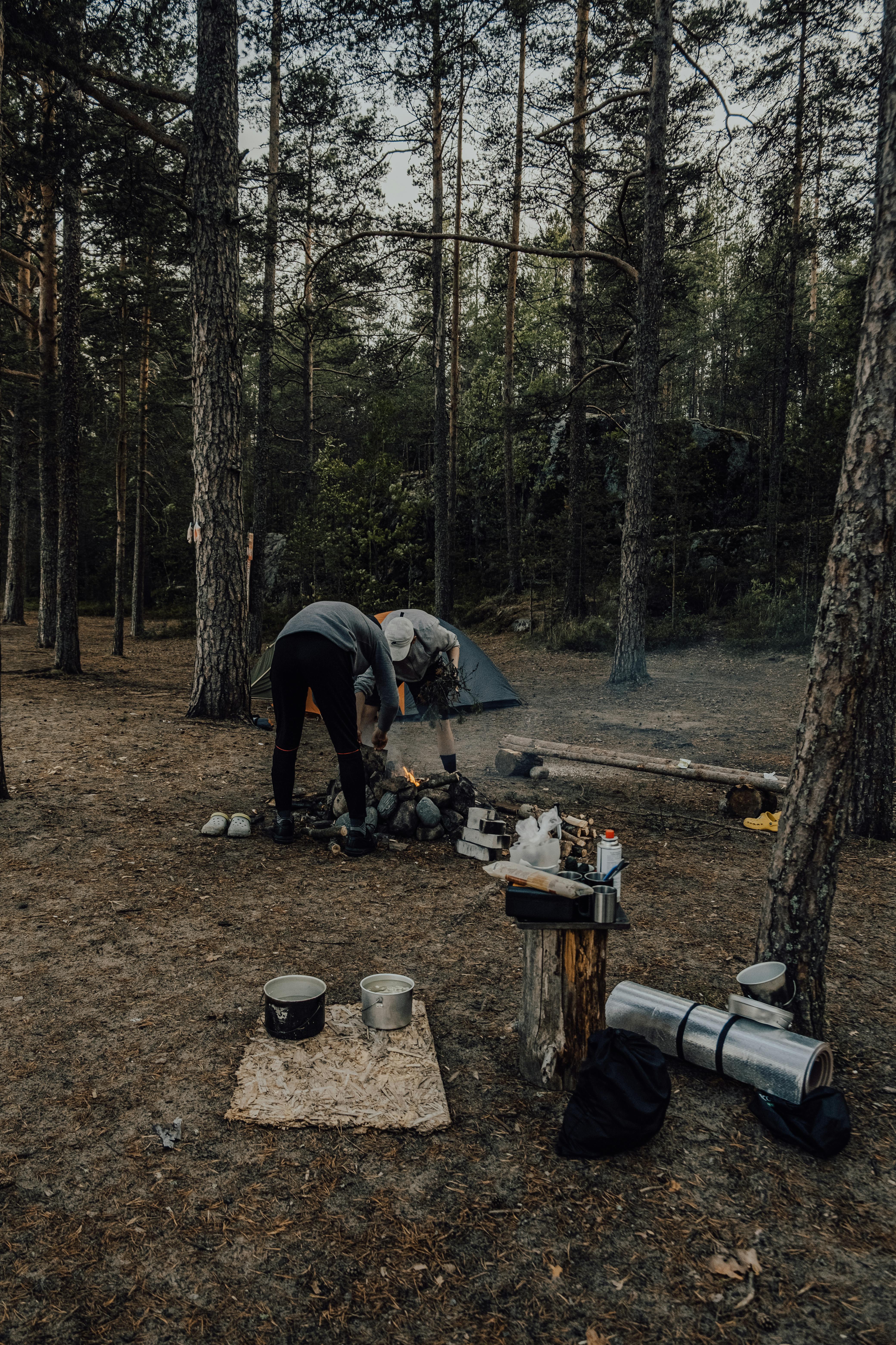 Men Setting Up a Fire in a Camping Site · Free Stock Photo