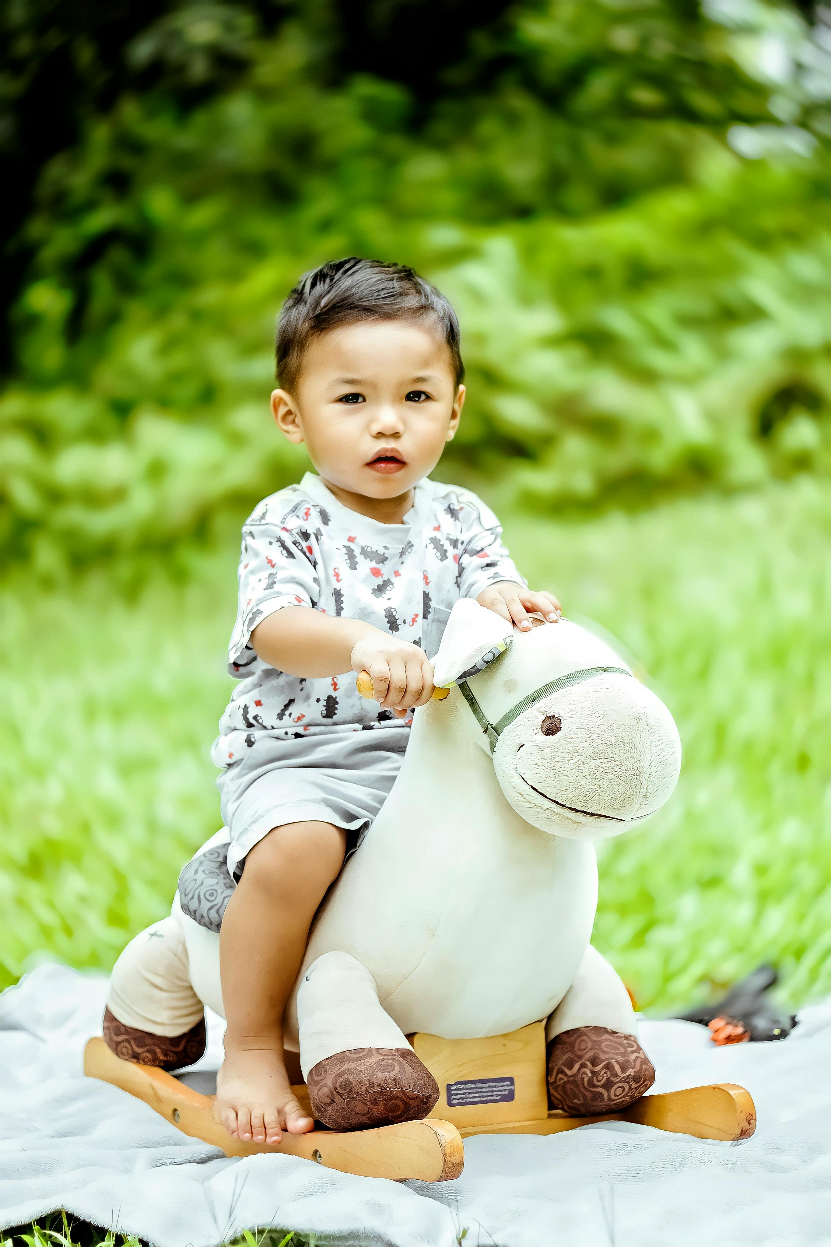 A Baby Boy Sitting on a Rocking Horse · Free Stock Photo