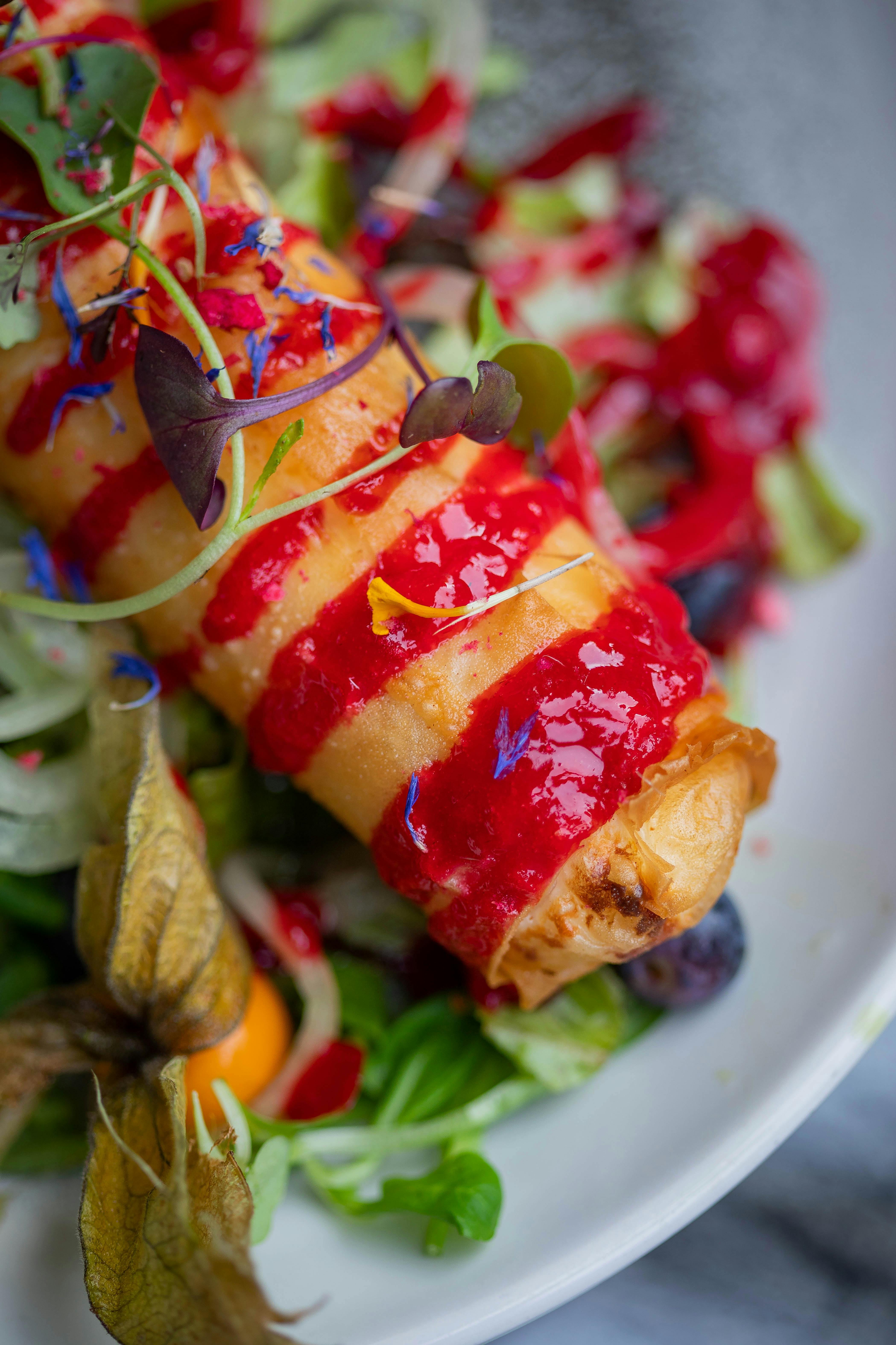 A Close-up Shot of a Fried Rolled Food with Ketchup · Free Stock Photo