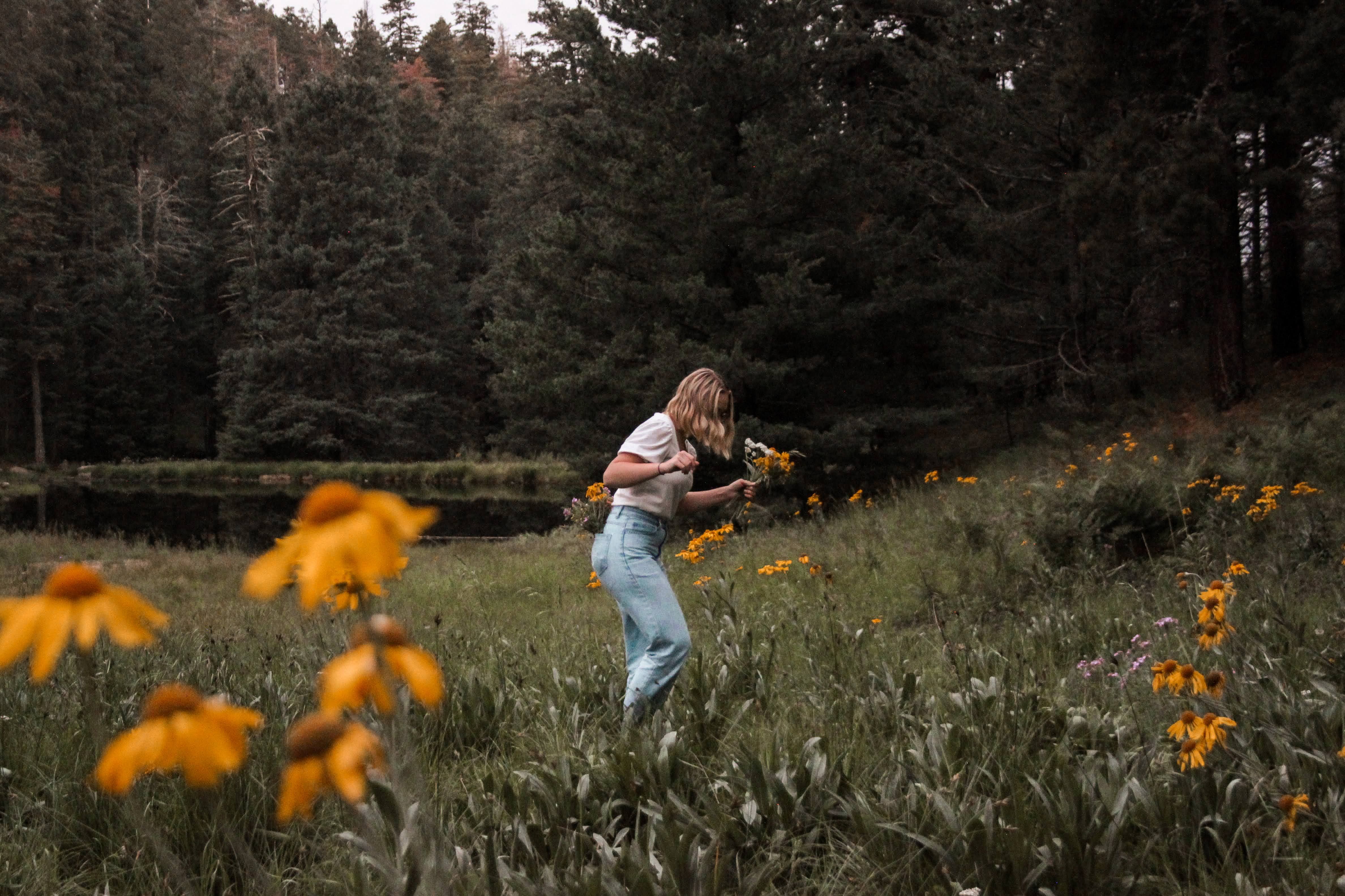 A Woman Walking on a Flower Field · Free Stock Photo