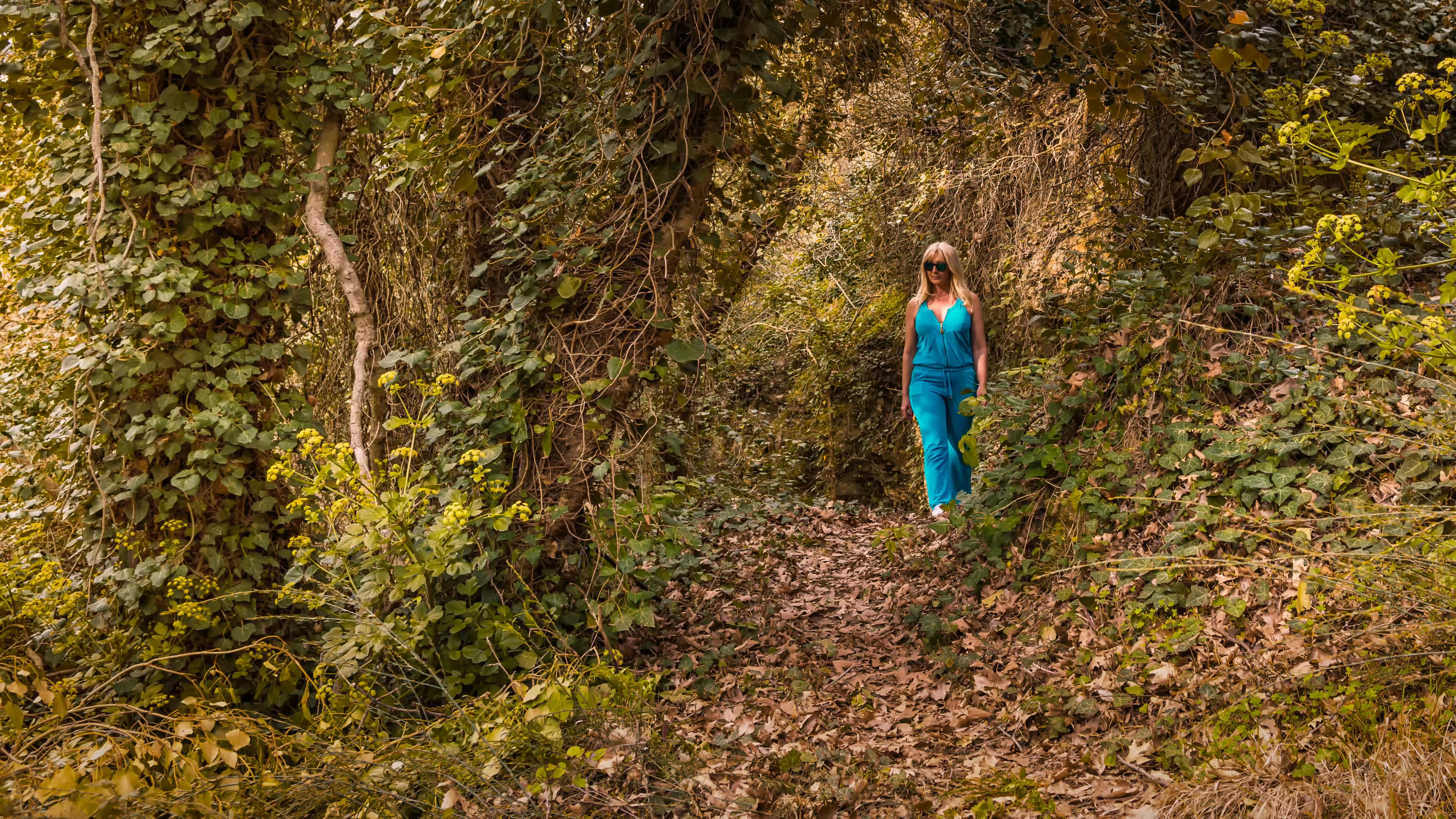 Woman Wearing Blue Jumpsuit Walking in Forest · Free Stock Photo